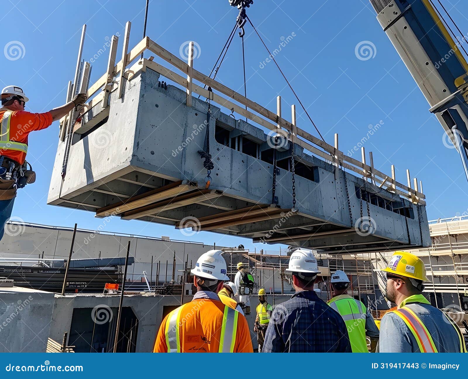 Coordinated Lift at Construction Site with Workers and Crane Stock ...