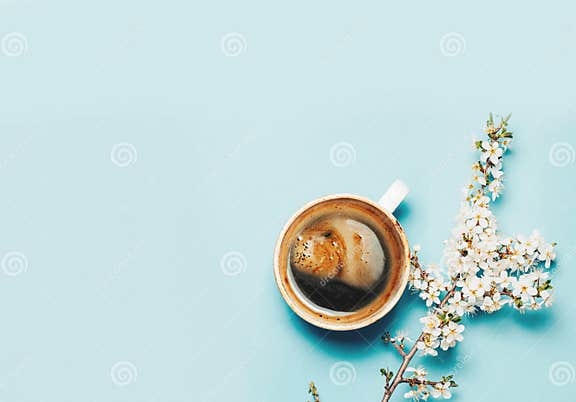 Cop of Coffee on Blue Background Stock Image - Image of frame ...