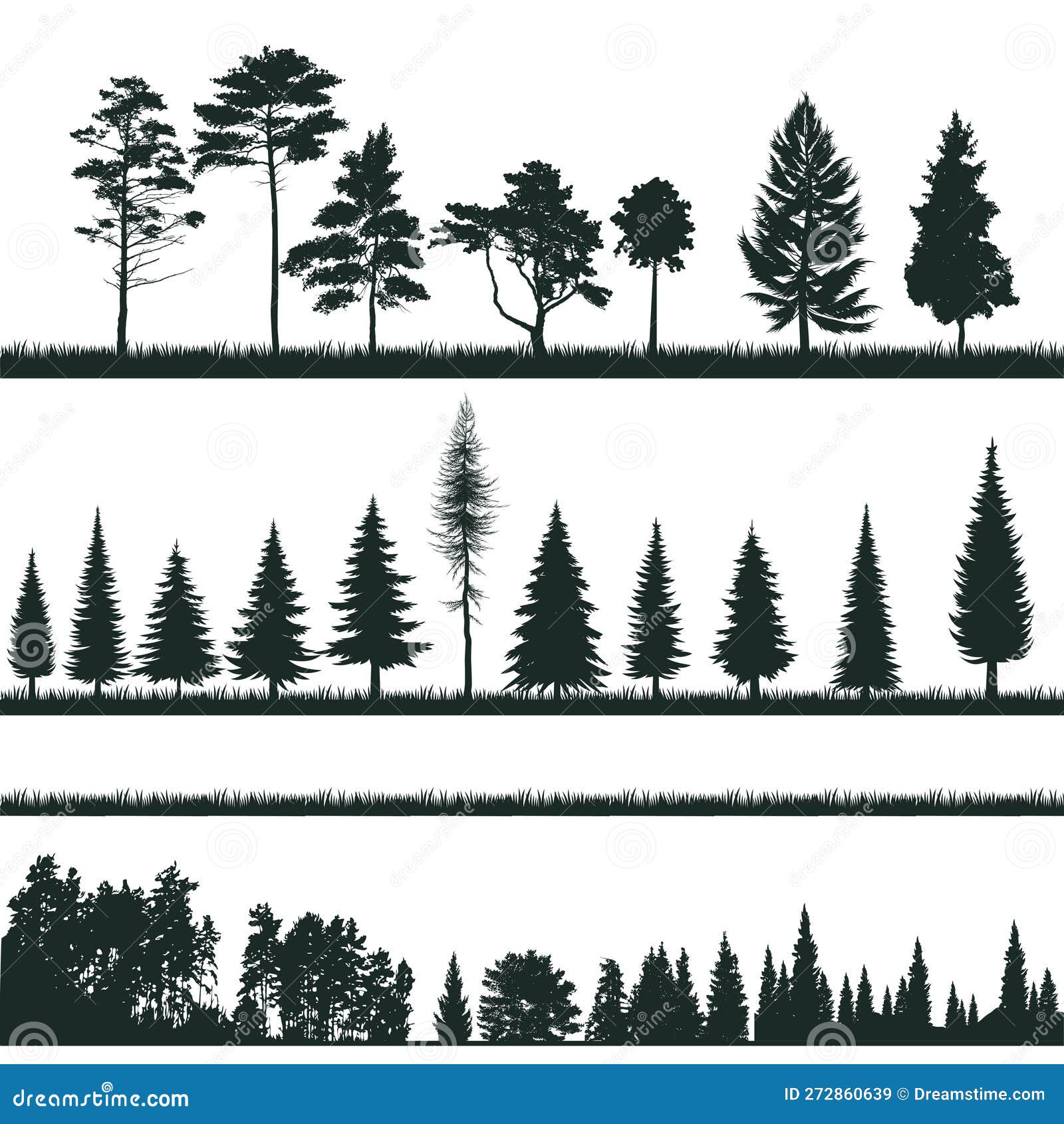 Groups of Tree Silhouettes - Conifers, Shrubs, Grass - Vectors Stock ...