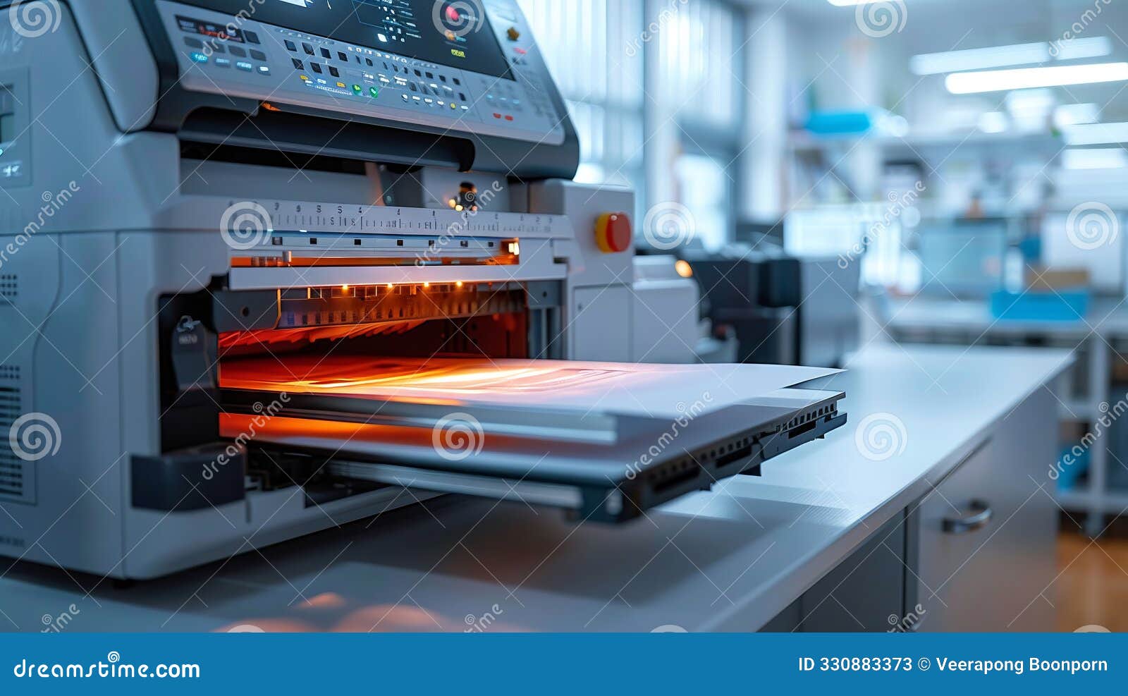 Copier Printer in Action, Closeup of Paper Tray, Printing Process, Room ...