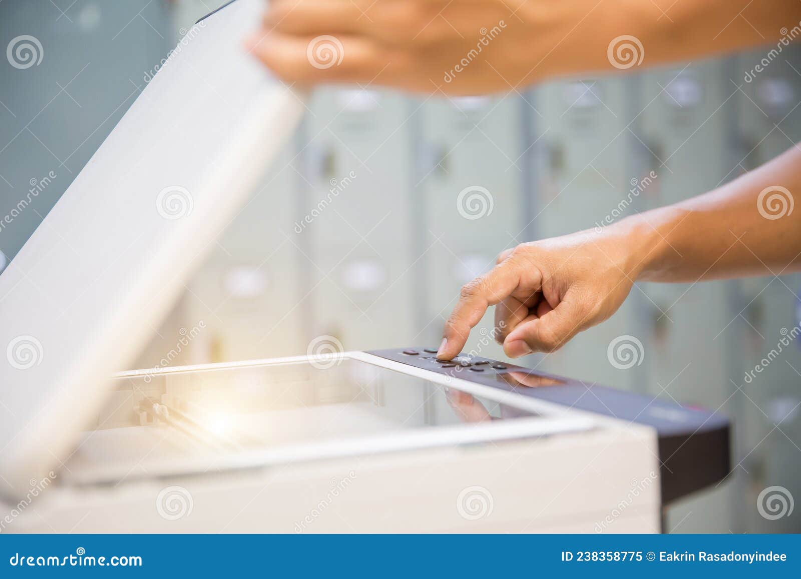 Close Up Hand Office Man Press Copy Button on Panel To Using the Copier ...