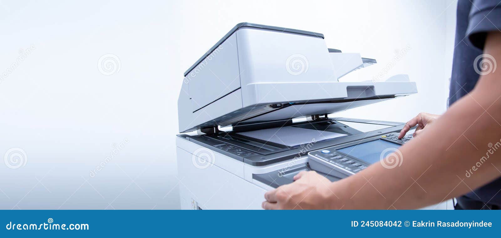 Close Up Hand Office Man Press Copy Button on Panel To Using the Copier ...