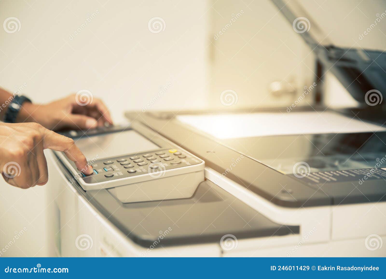 Close Up Hand Office Man Press Copy Button on Panel To Using the Copier ...