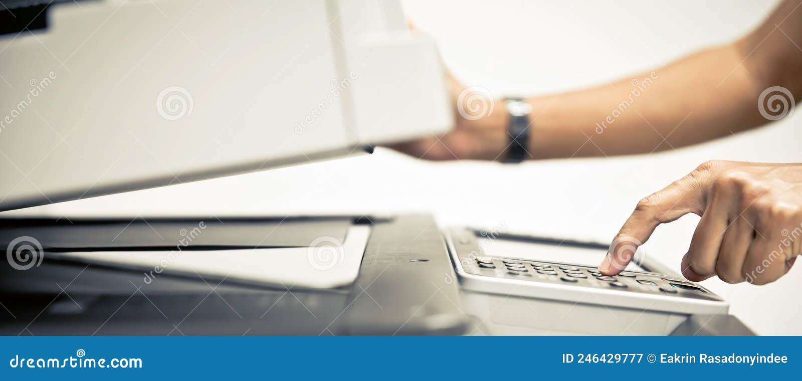 Close Up Hand Office Man Press Copy Button on Panel To Using the Copier ...