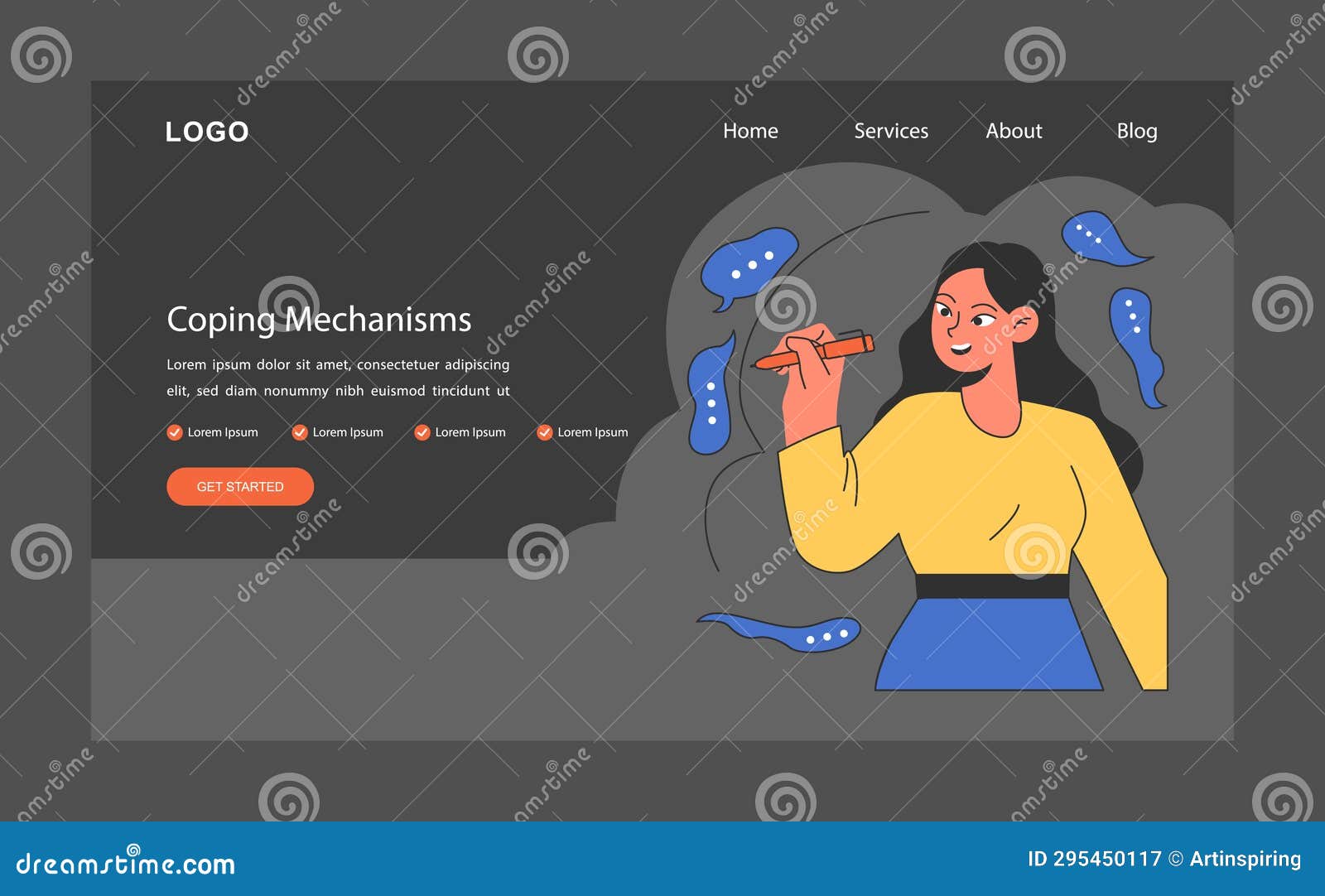 Coping Mechanism Web Banner or Landing Page Dark or Night Mode. Stock ...