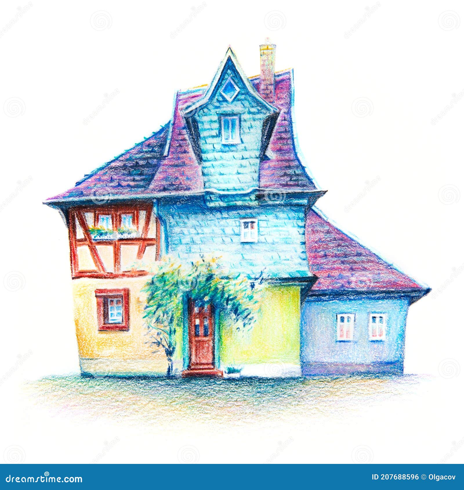 Coplored Pencils Sketch of Cozy German House Stock Photo - Image of ...