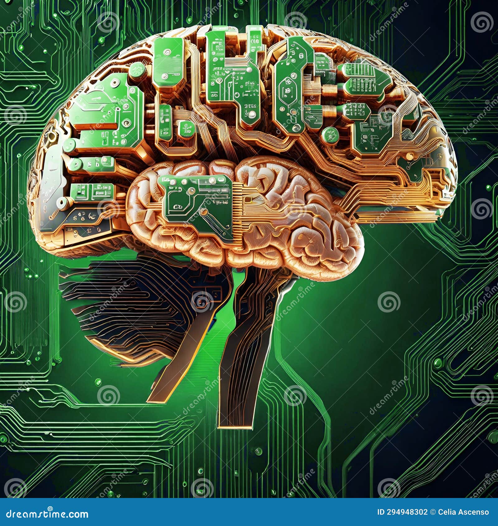 Copper Brain with Computer Chip AI Stock Illustration - Illustration of ...