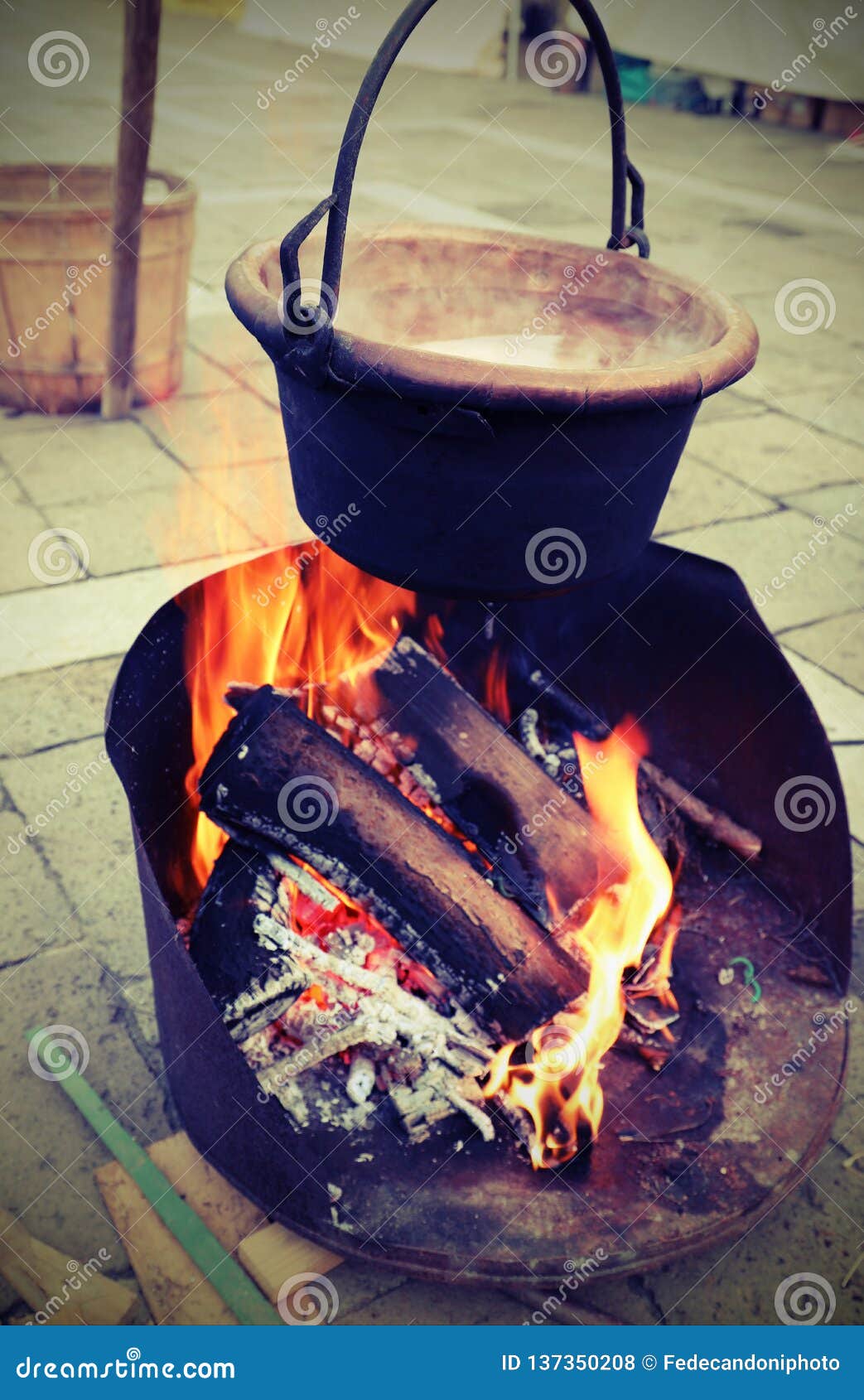 Copper Cauldron Full of Boiling Water with Fire Made from Logs a Stock ...