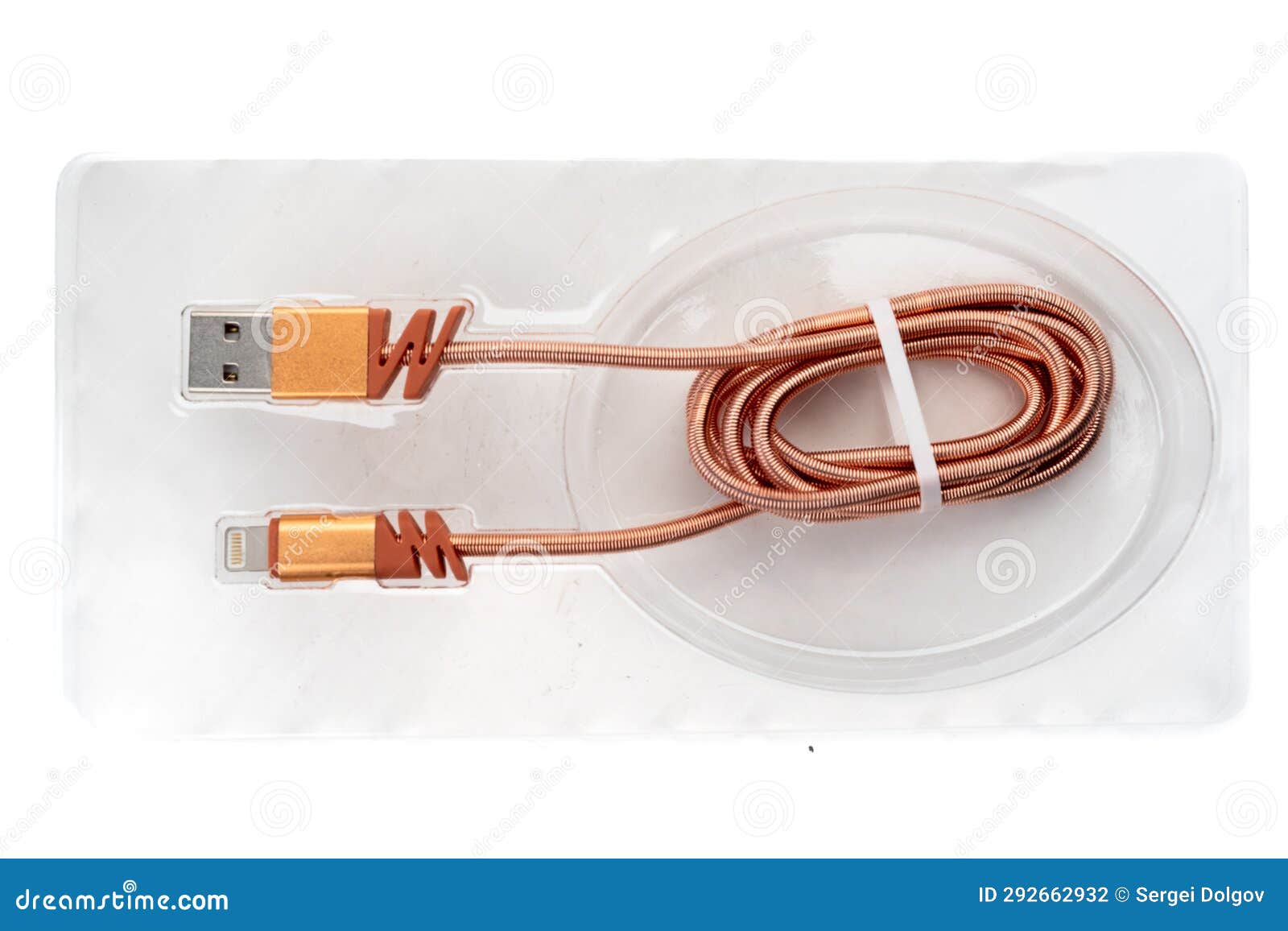 Copper-colored USB Cable in Plastic Packaging on a White Background ...