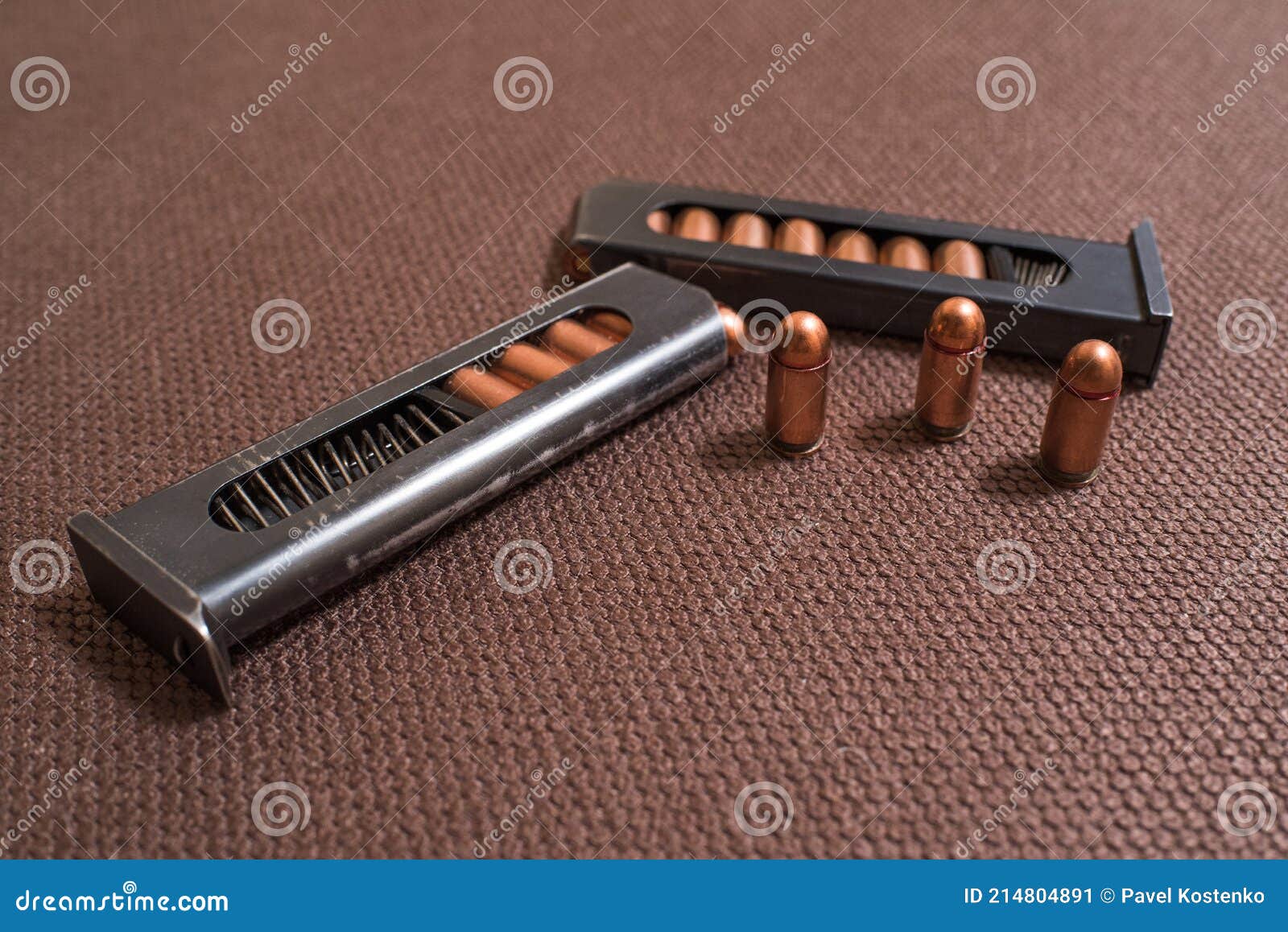 Copper Firearms Bullets and Pistol Clips. Weapon. Stock Image - Image ...