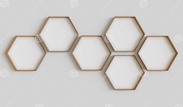 Copper Hexagon Blank Photo Frames Mockup Hanging on Interior Wall ...