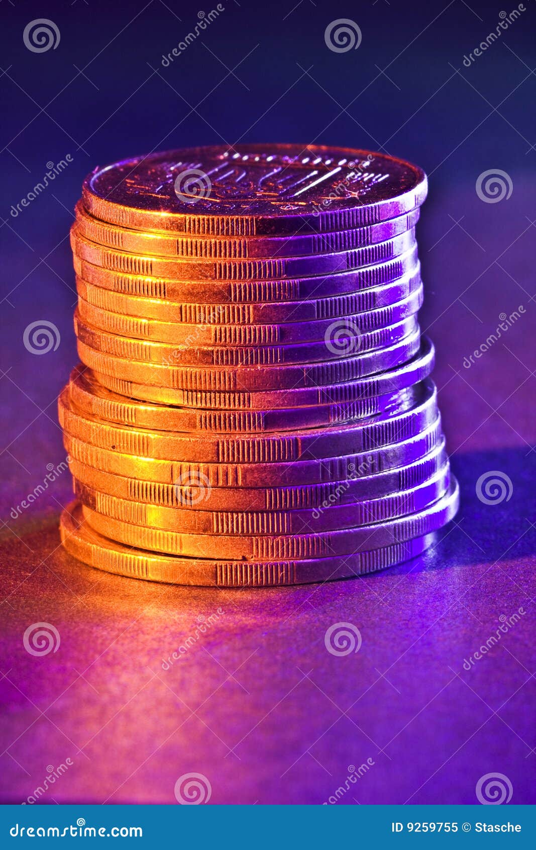 A Stack of Copper Coins with Colored Lighting Close-up Stock Image ...