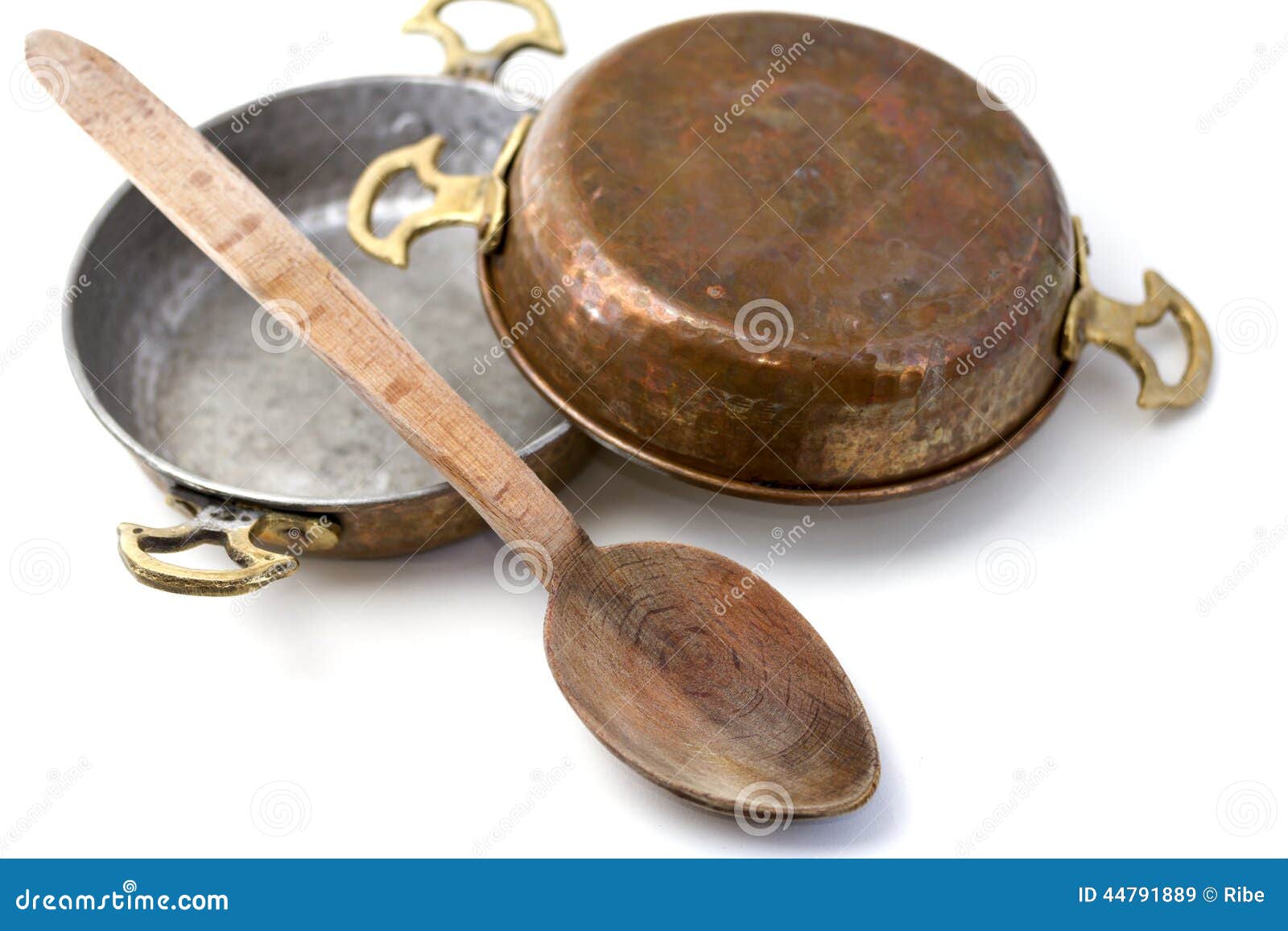 Copper Pans and Wooden Spoon Stock Image - Image of cuisine, spoon ...