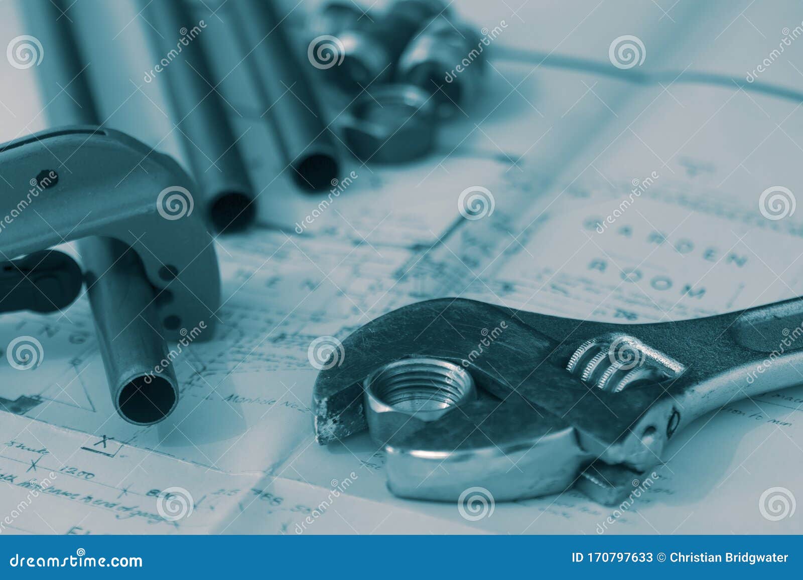 Copper Pipe Cutter and Adjustable Spanner Wrench Tools on a Set of ...