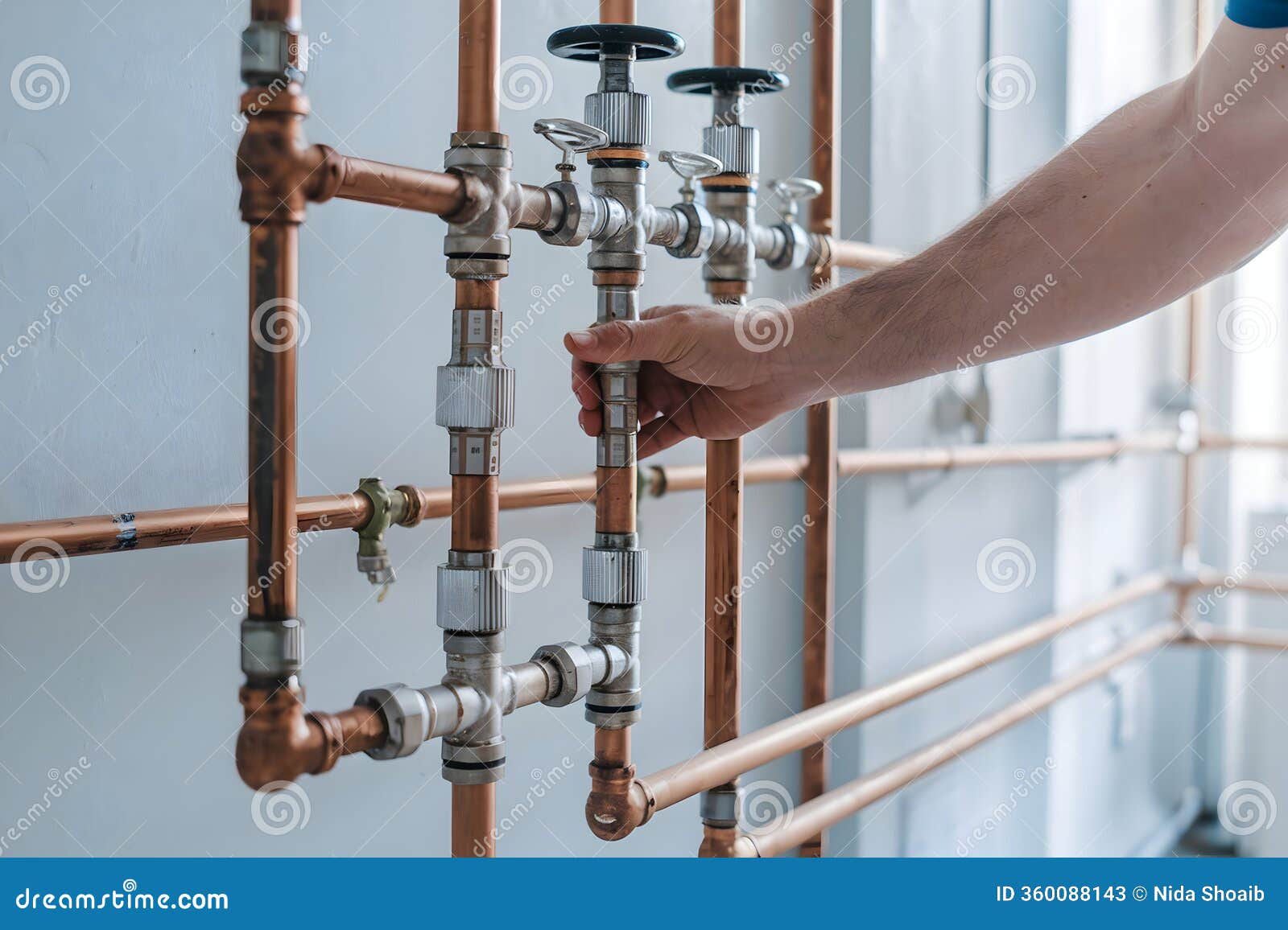 Copper Pipes on a Blue Wall with a Hand Turning a Valve Stock ...