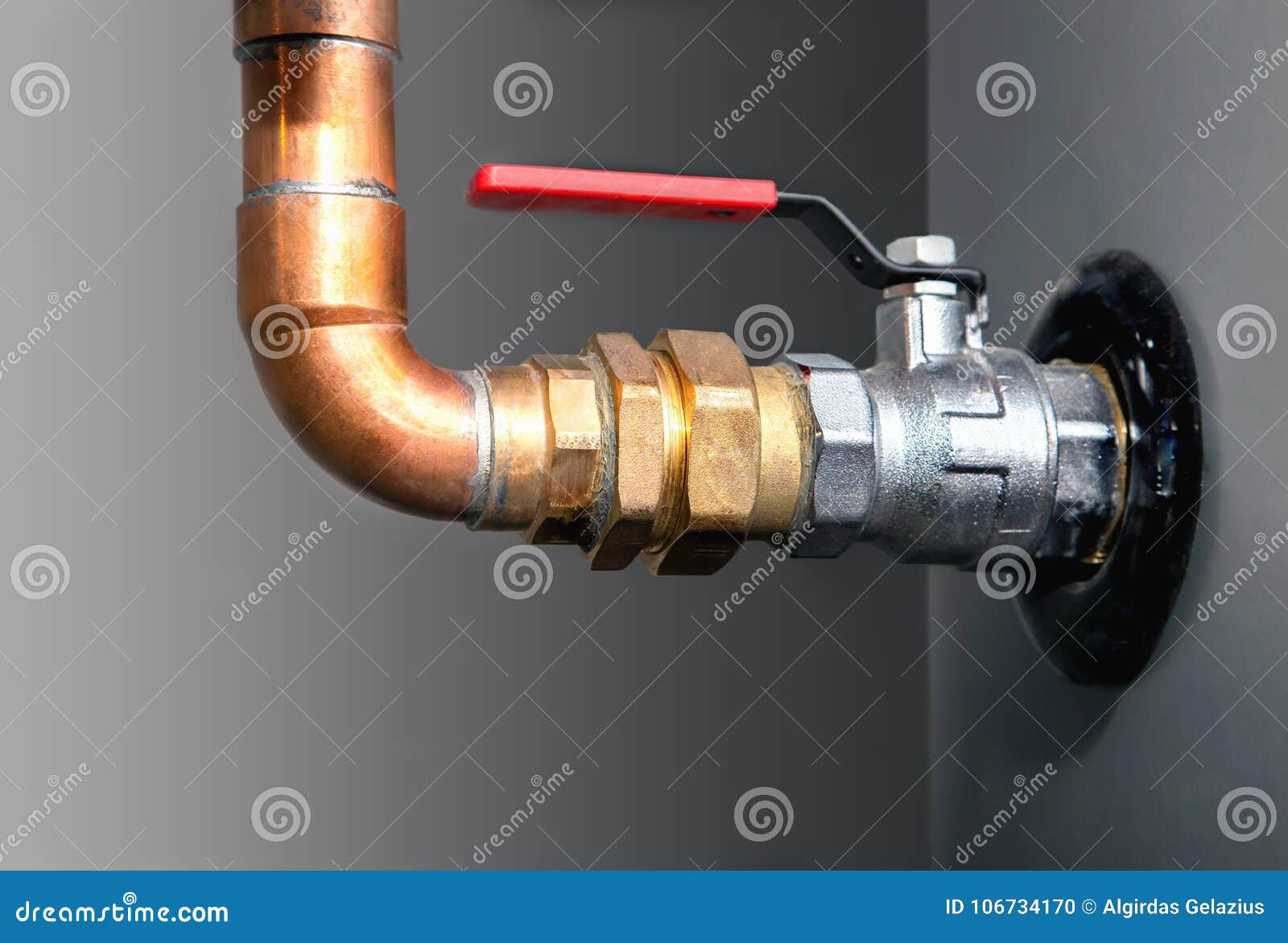 Copper Pipes, Copper Connector and Valve with a Red Handle Stock Photo ...