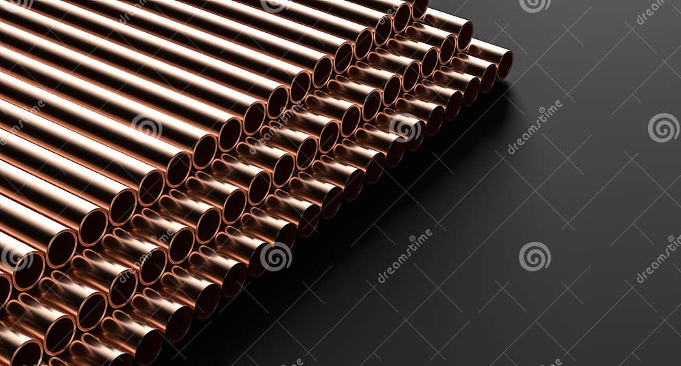 Copper Pipes Isolated on Dark Background. Stack of Copper Pipes. 3D ...
