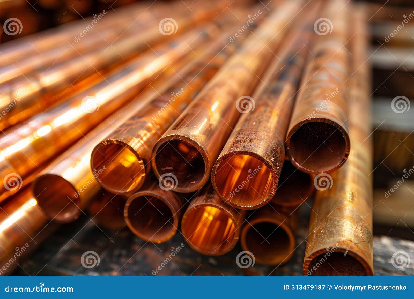 Copper pipes in a pile stock image. Image of construction - 313479187