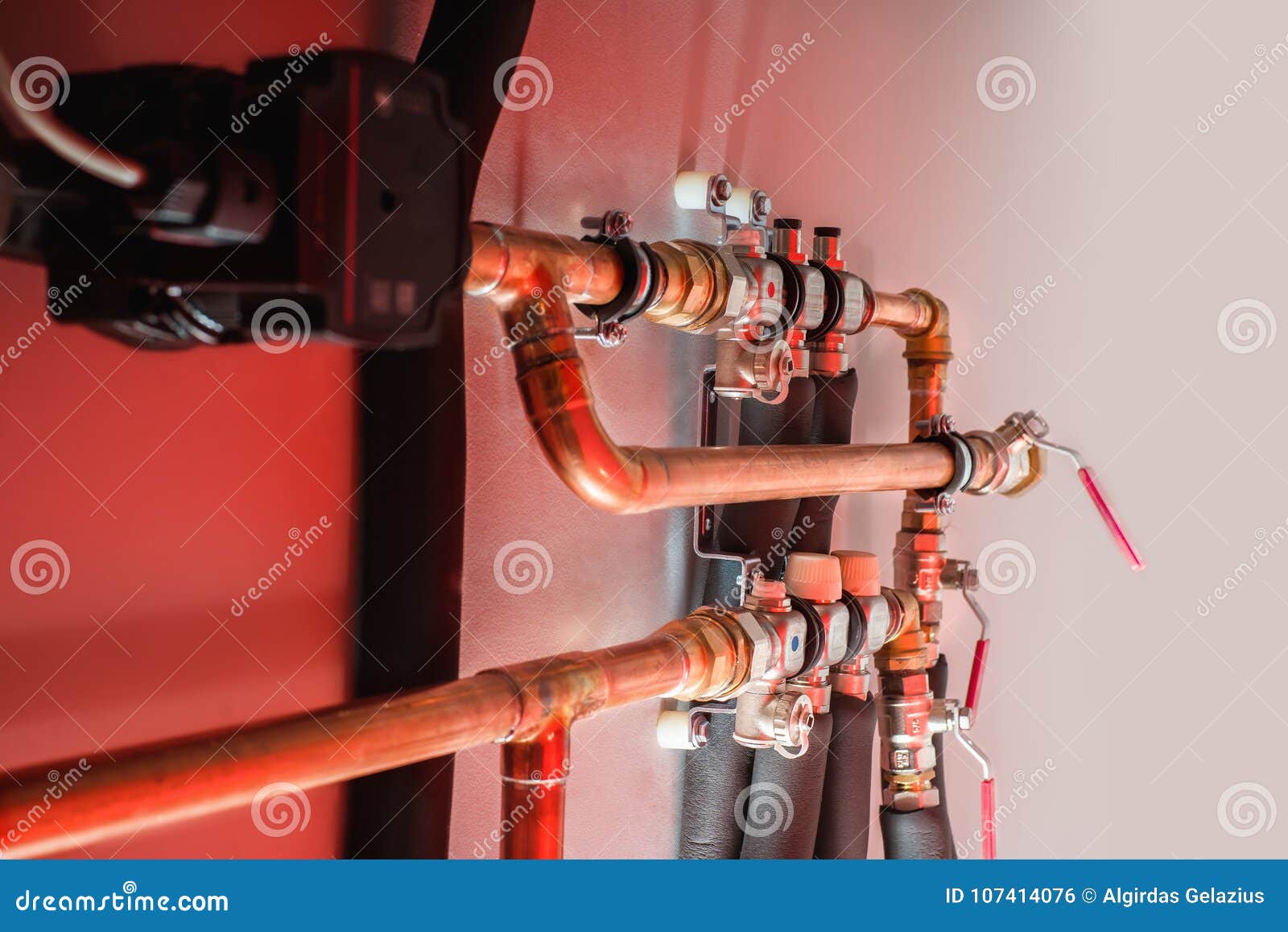 Copper Pipes and Valves in a Red Light Stock Photo - Image of power ...