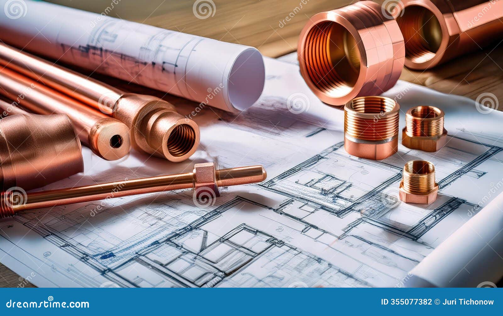 Copper Plumbing Components and Architectural Plans on a Wooden Table ...