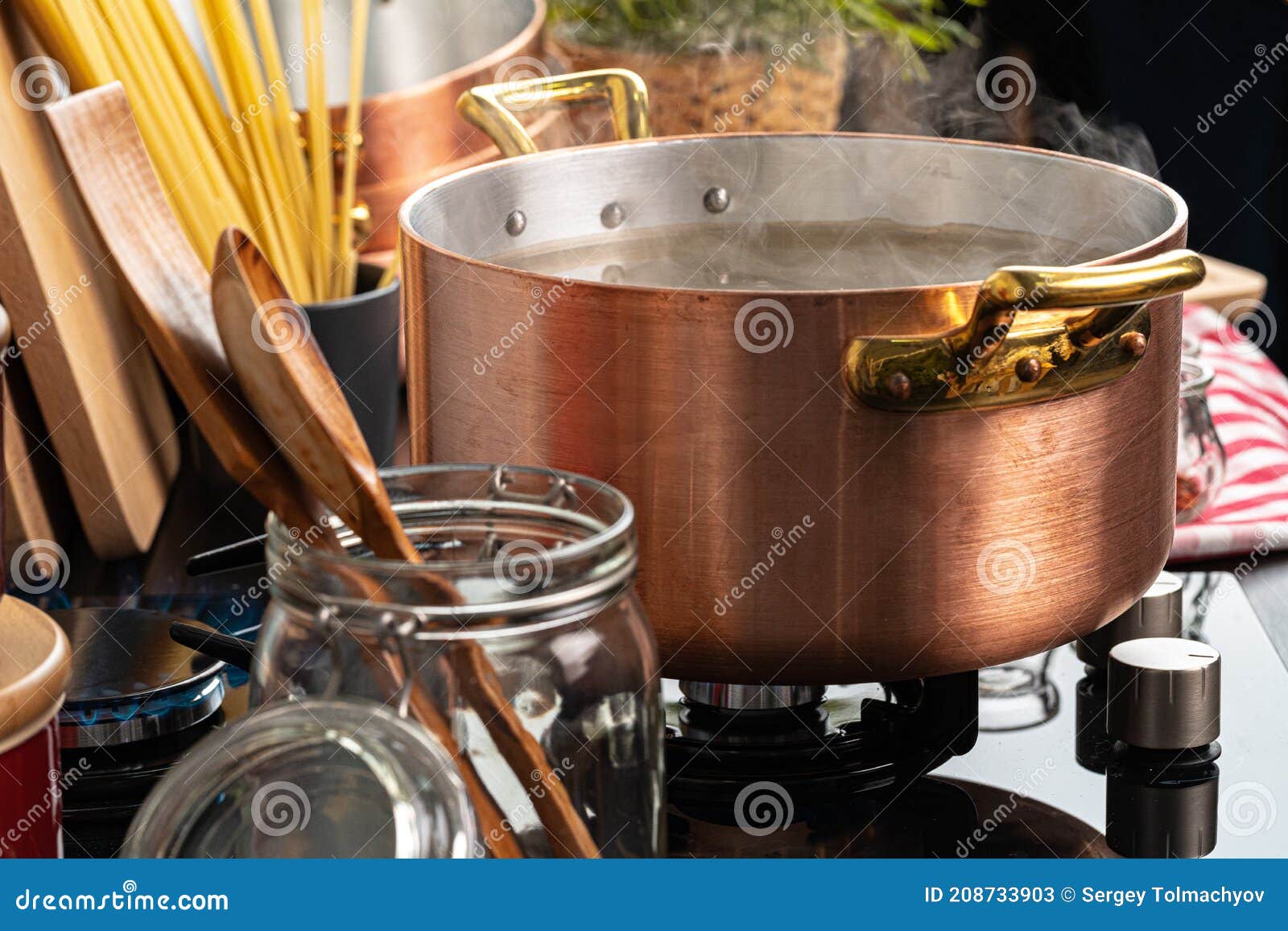 Copper Pot With Boiling Water On A Gas Stove Stock Image Image Of