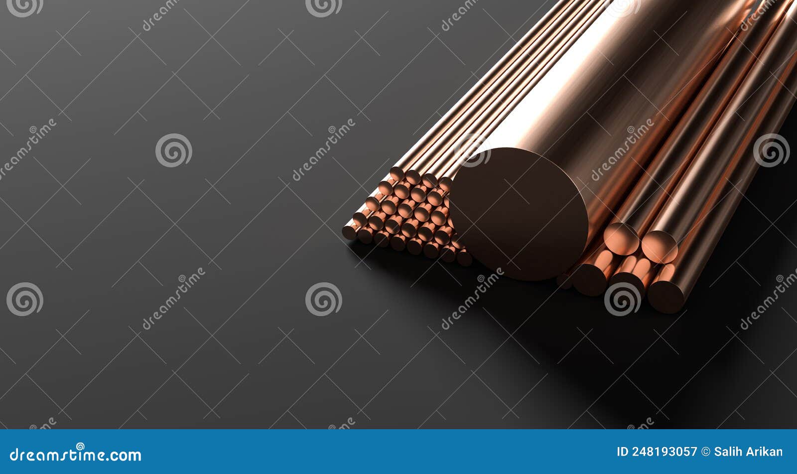 Copper Rodes Isolated on Dark Background. Stack of Copper Rodes. 3D ...