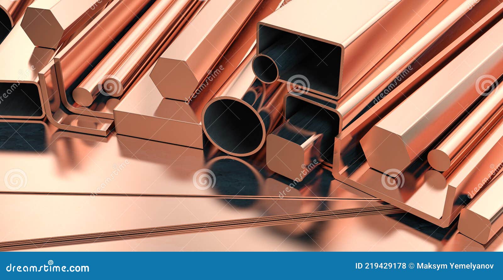 Copper Tubes and Different Profiles in Warehouse Background. Different ...