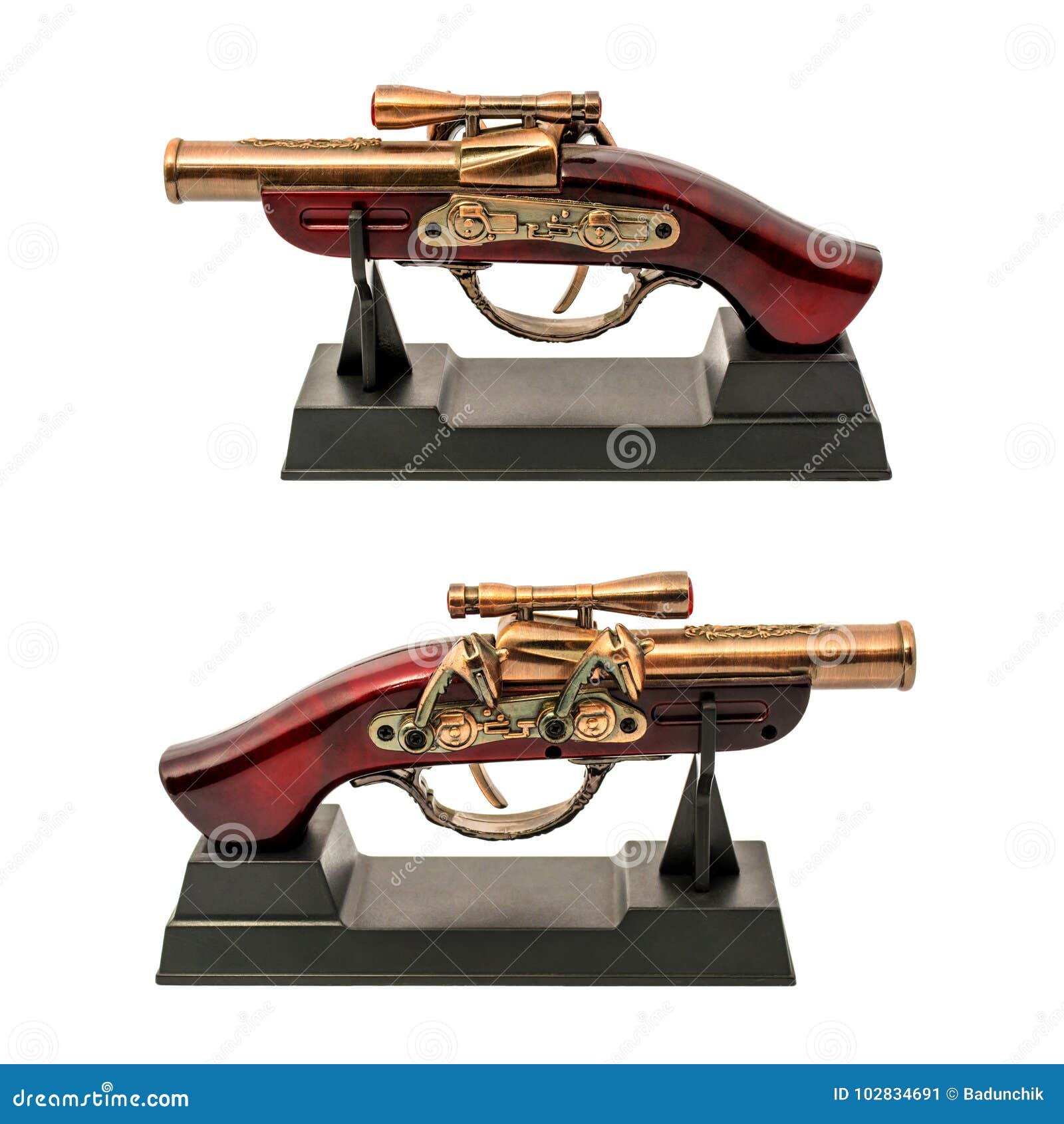 Copy of an Old Guns with Wooden Handle on a Stand Isolated on White ...