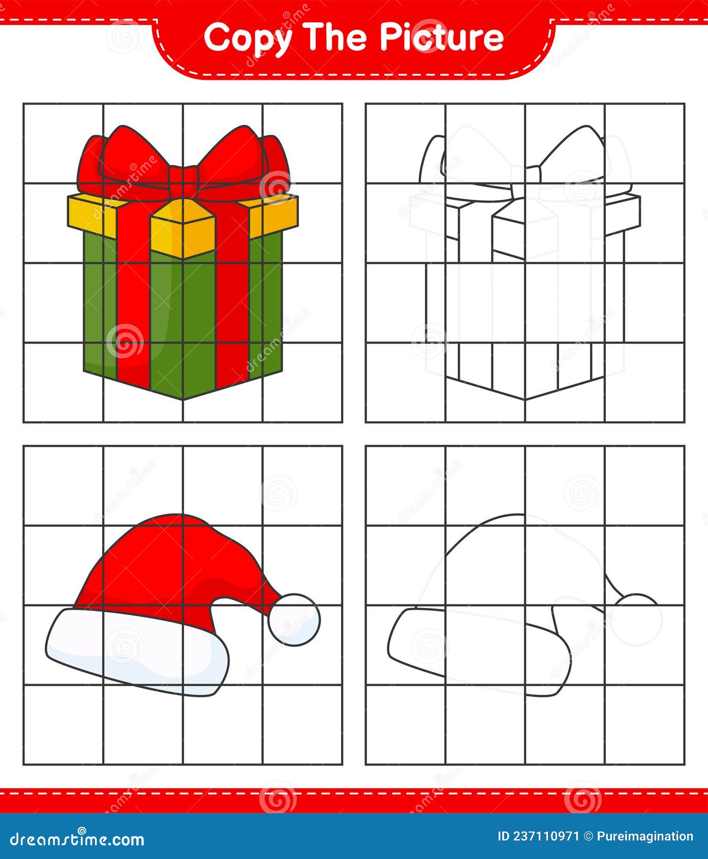 Copy the Picture, Copy the Picture of Santa Hat and Gift Box Using Grid ...