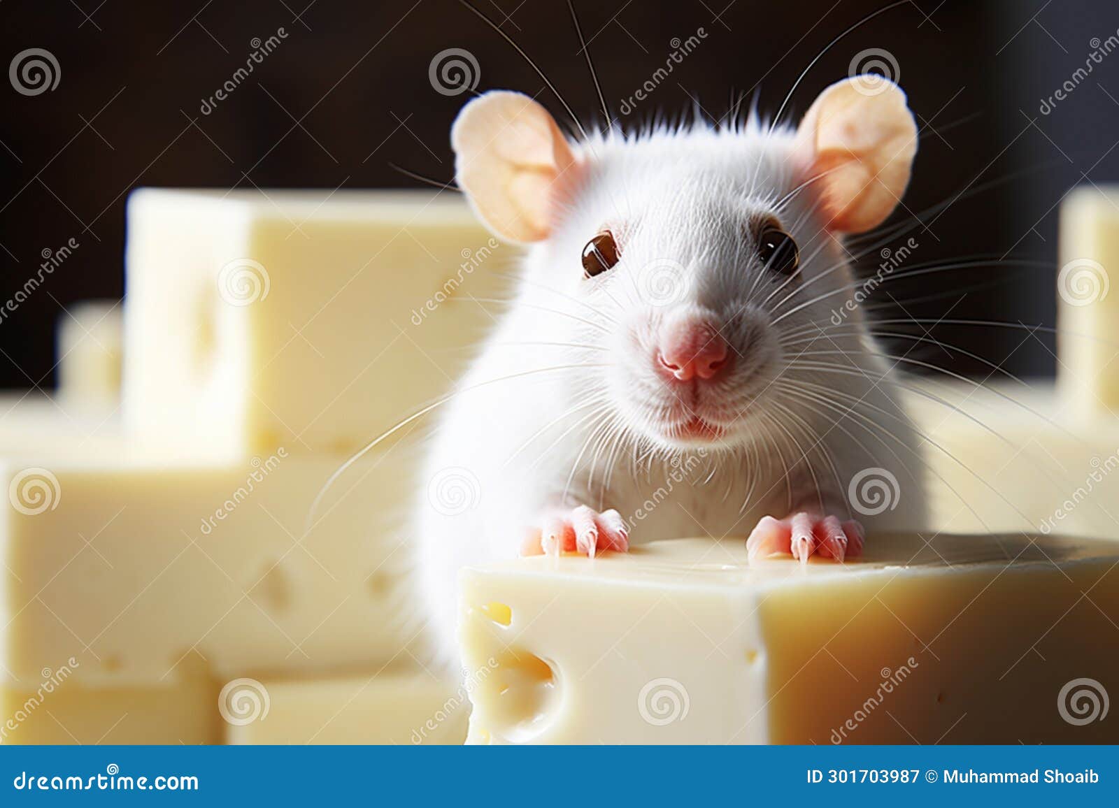 Copy Space Delight Close Up of a White Rat with Cheese Stock ...