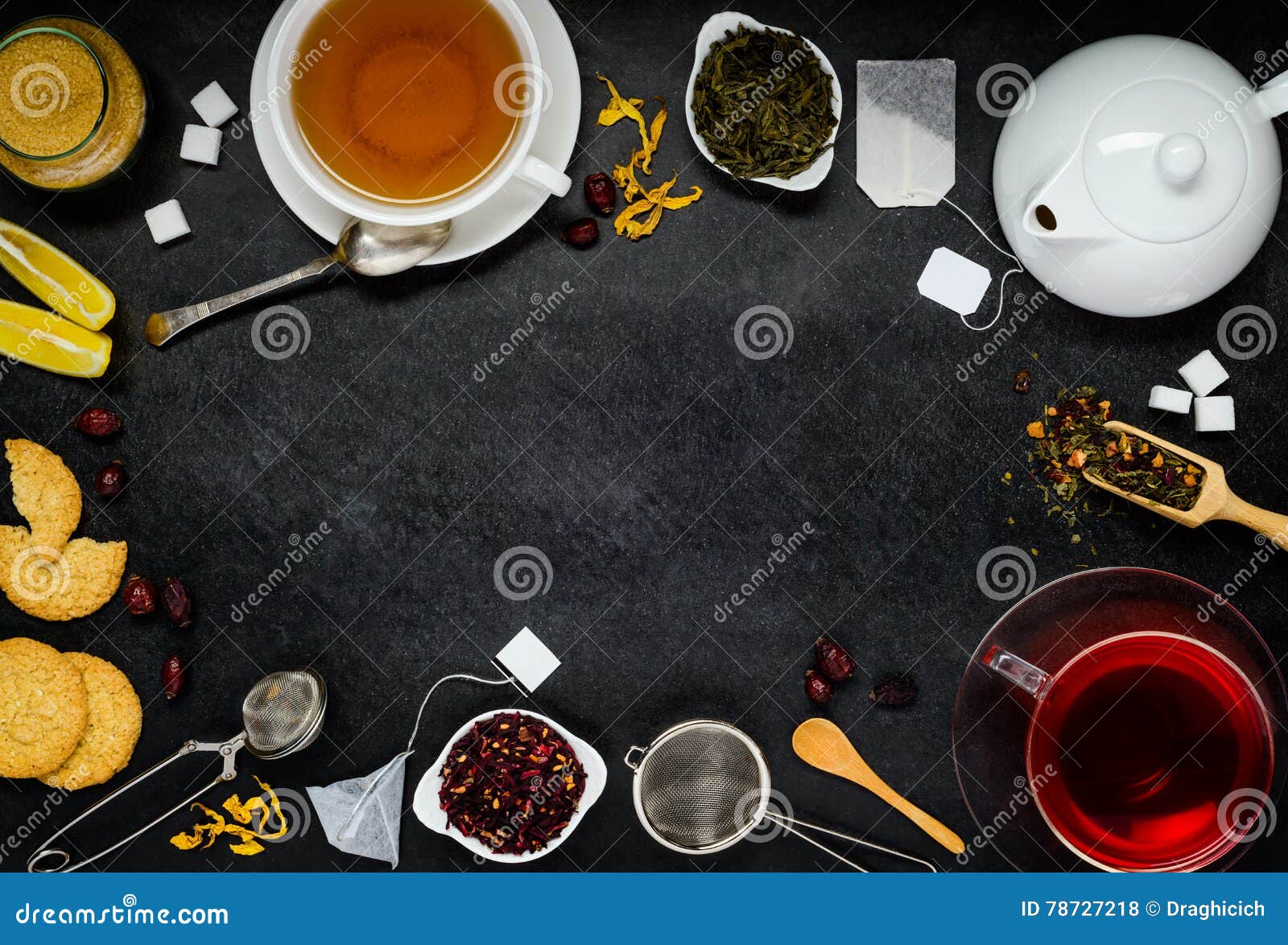 Copy Space Frame with Tea and Ingredients Stock Photo - Image of yellow ...