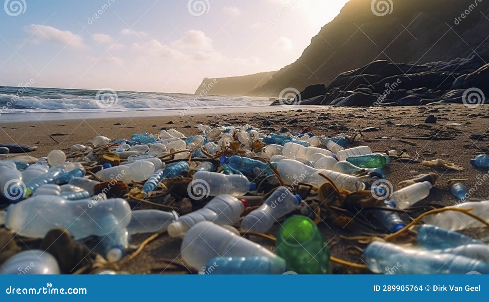 Copy Space, Some Plastic Bottles and Waste Washed Up on a Beach. Micro ...