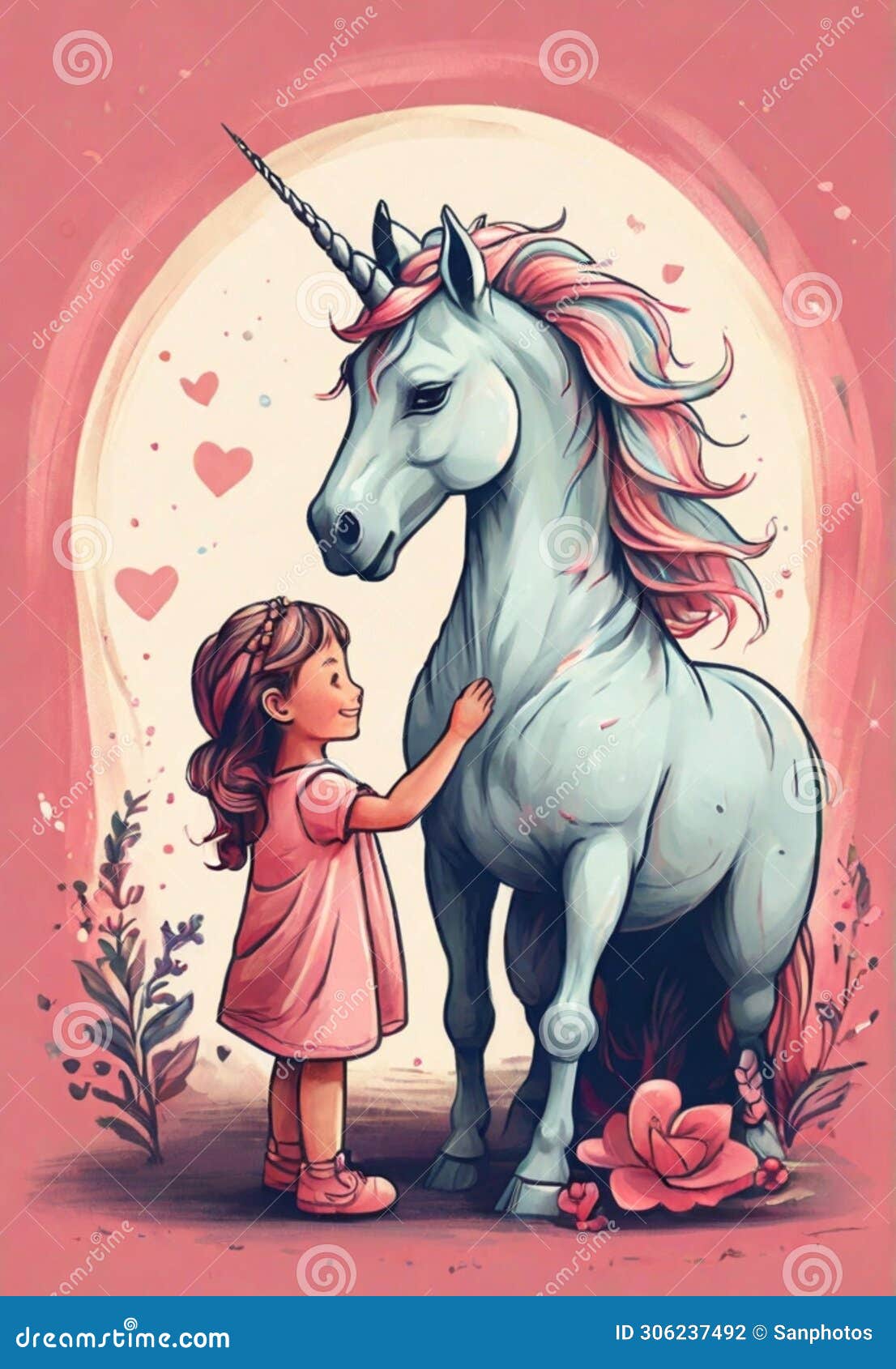 Enchanted Connection: Girl Petting Unicorn in Hand-Drawn Scene Stock ...