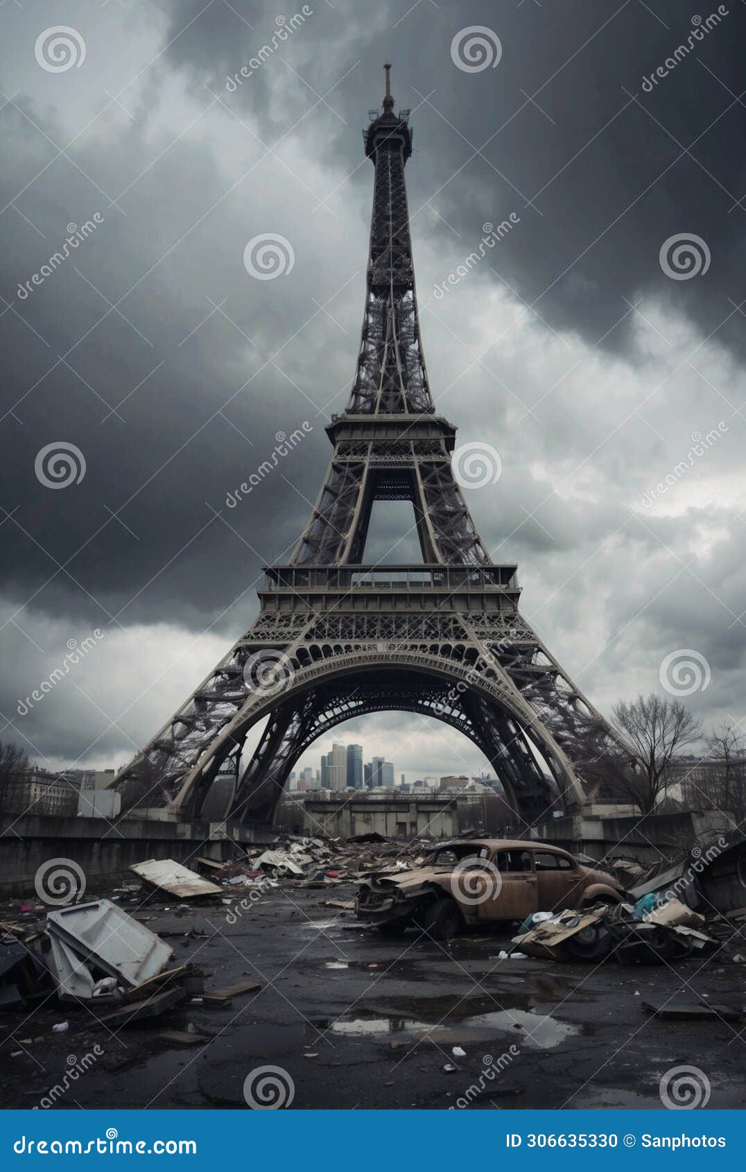 Dystopian Paris: Eiffel Tower Amidst Debris Stock Illustration ...