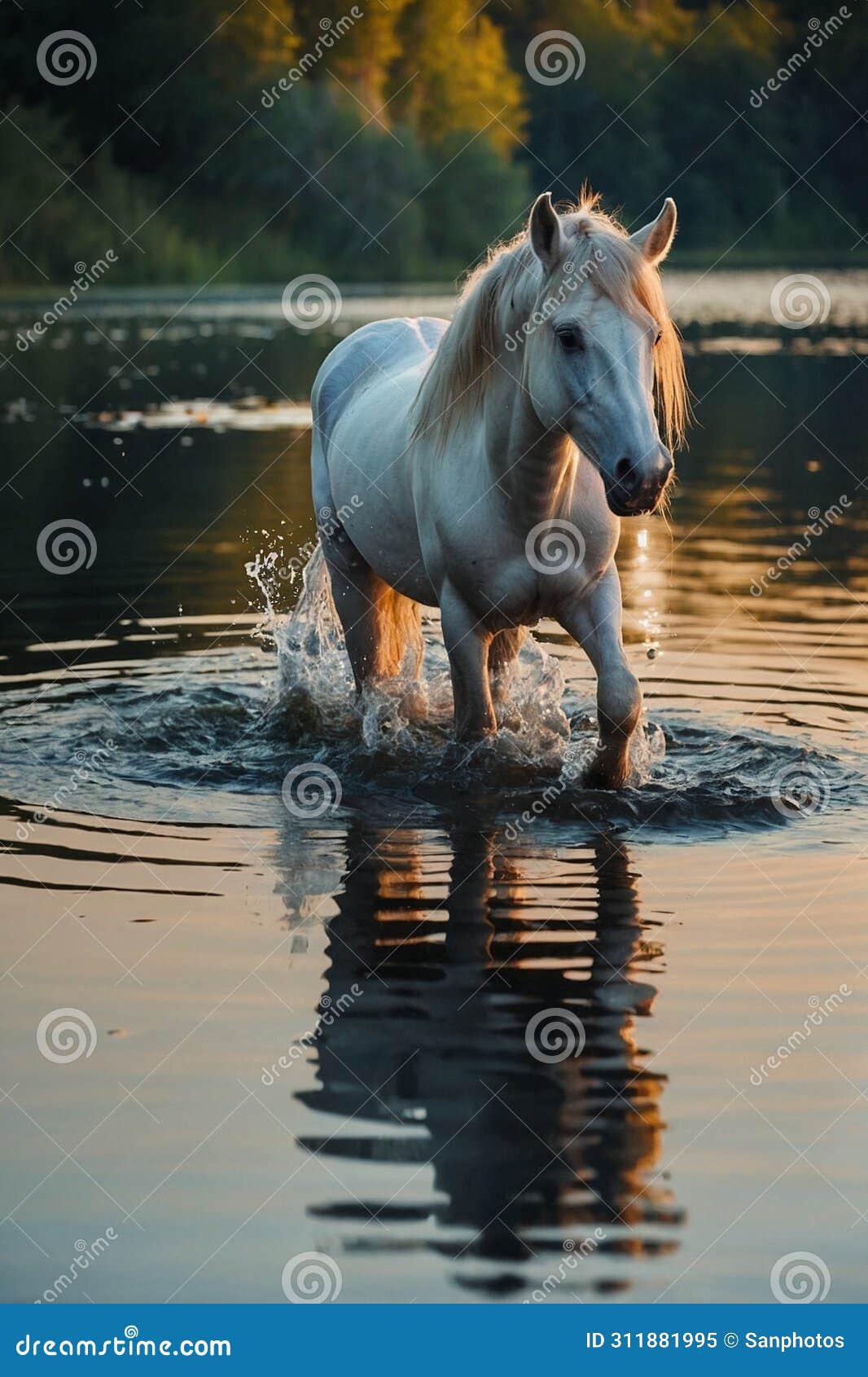 Tranquil White Horse Wading Knee-deep Placid Lake Stock Illustration - Illustration of ...