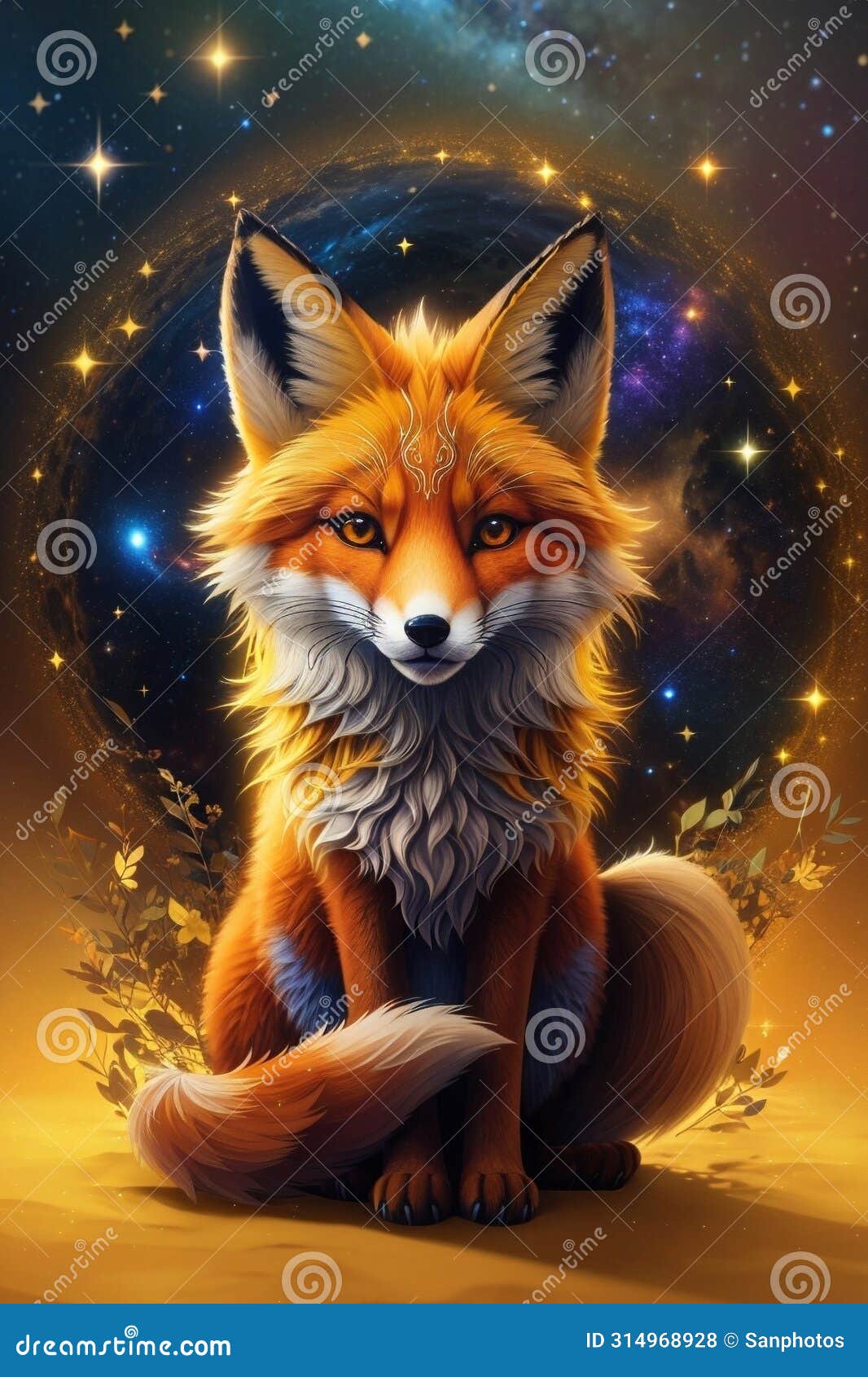 Mystical Celestial Fox with Celestial Background Stock Illustration ...