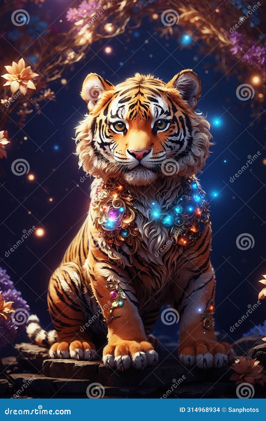 Celestial Tiger Cub Adorned in Jewels Stock Illustration - Illustration ...