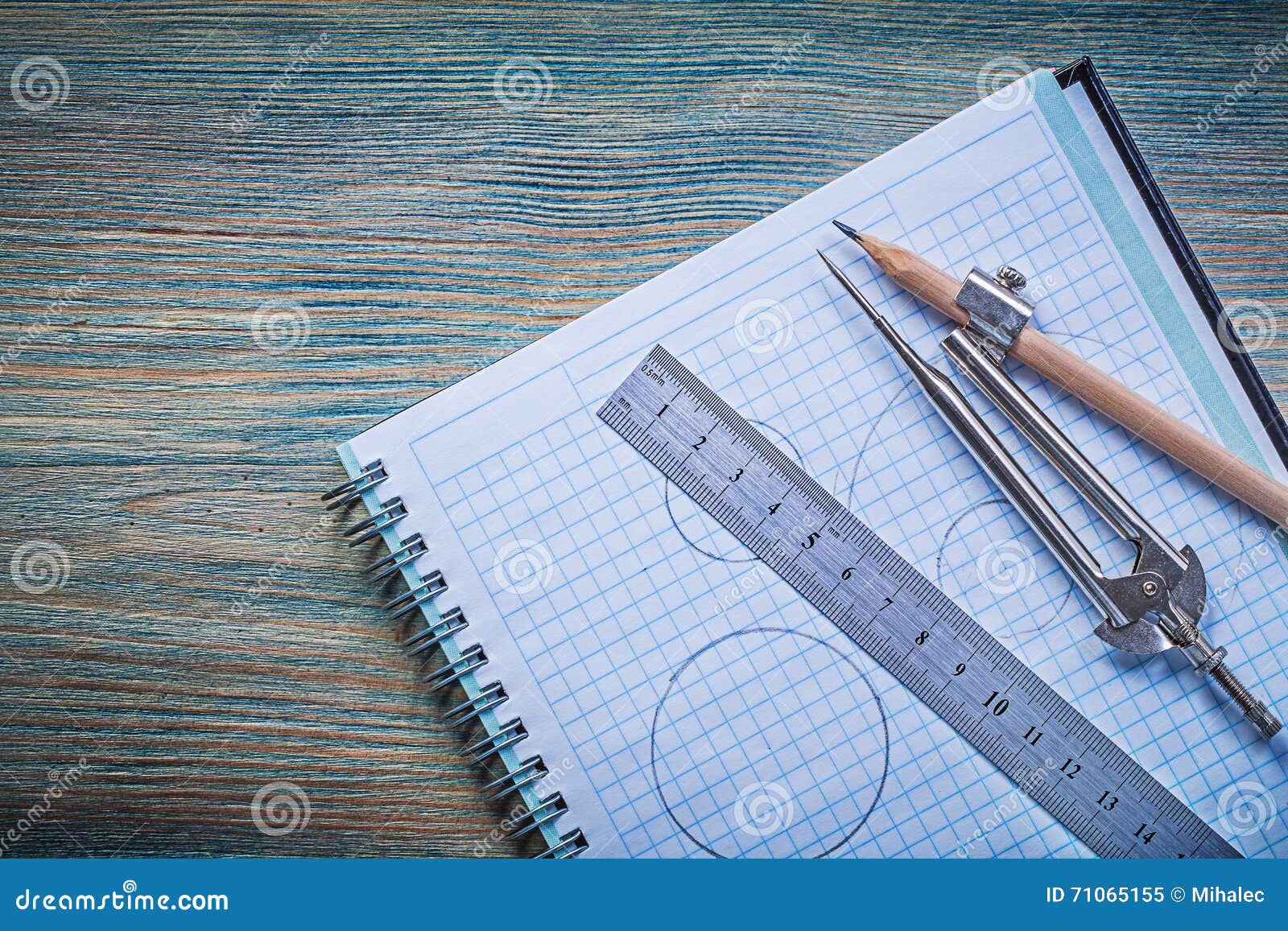 Copybook Ruler Pair of Compasses Pencil on Vintage Wooden Board Stock ...