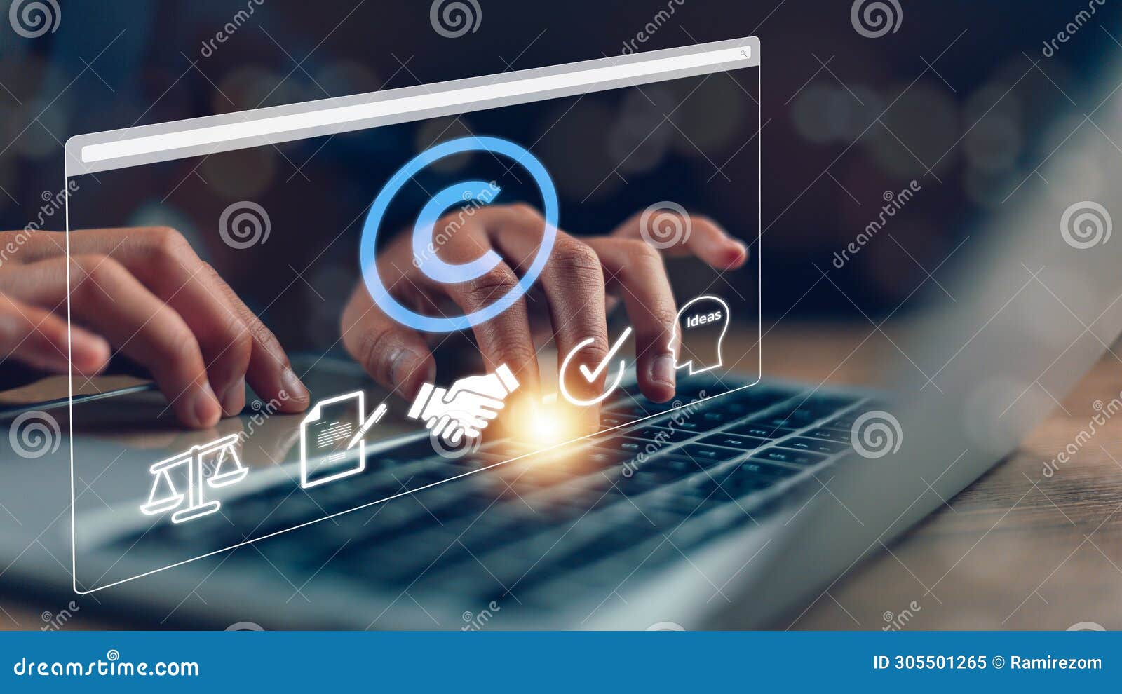 Copyright or Patent Concept, Person S Hand Using a Laptop Computer on a ...