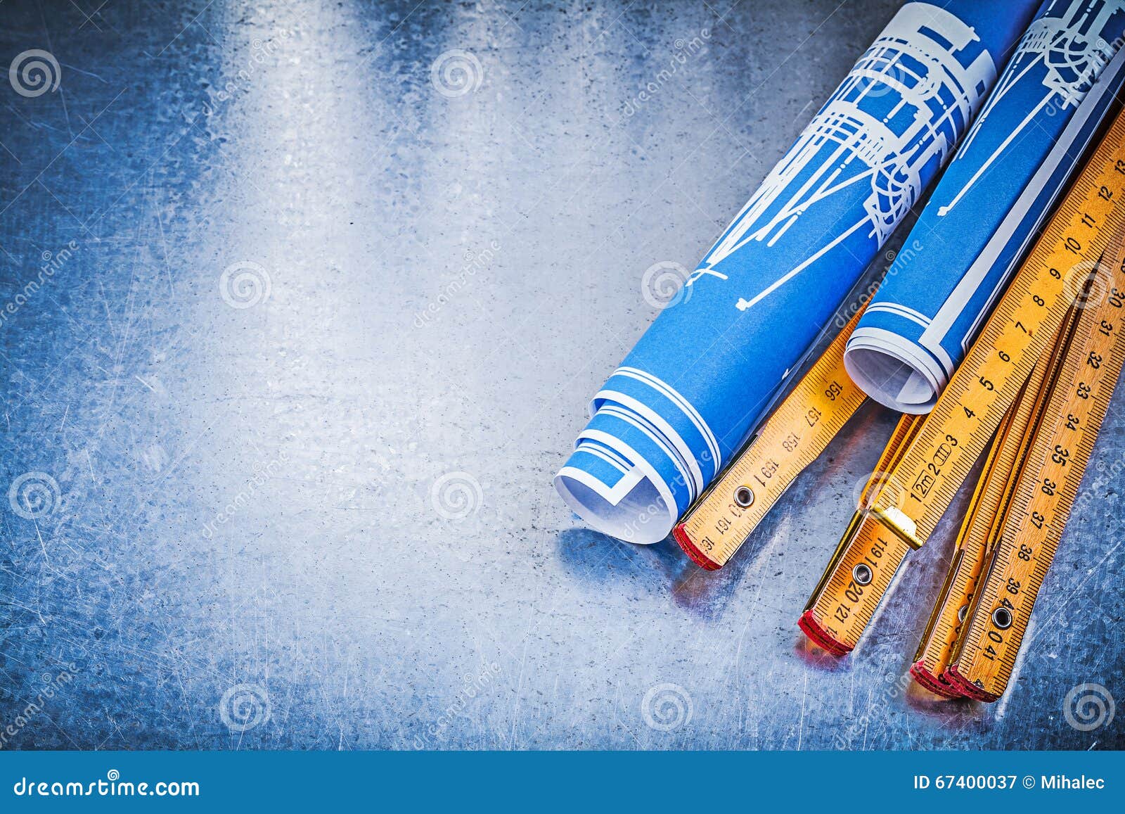 Copyspace of Blue Engineering Drawings Wooden Meter on Metallic Stock ...