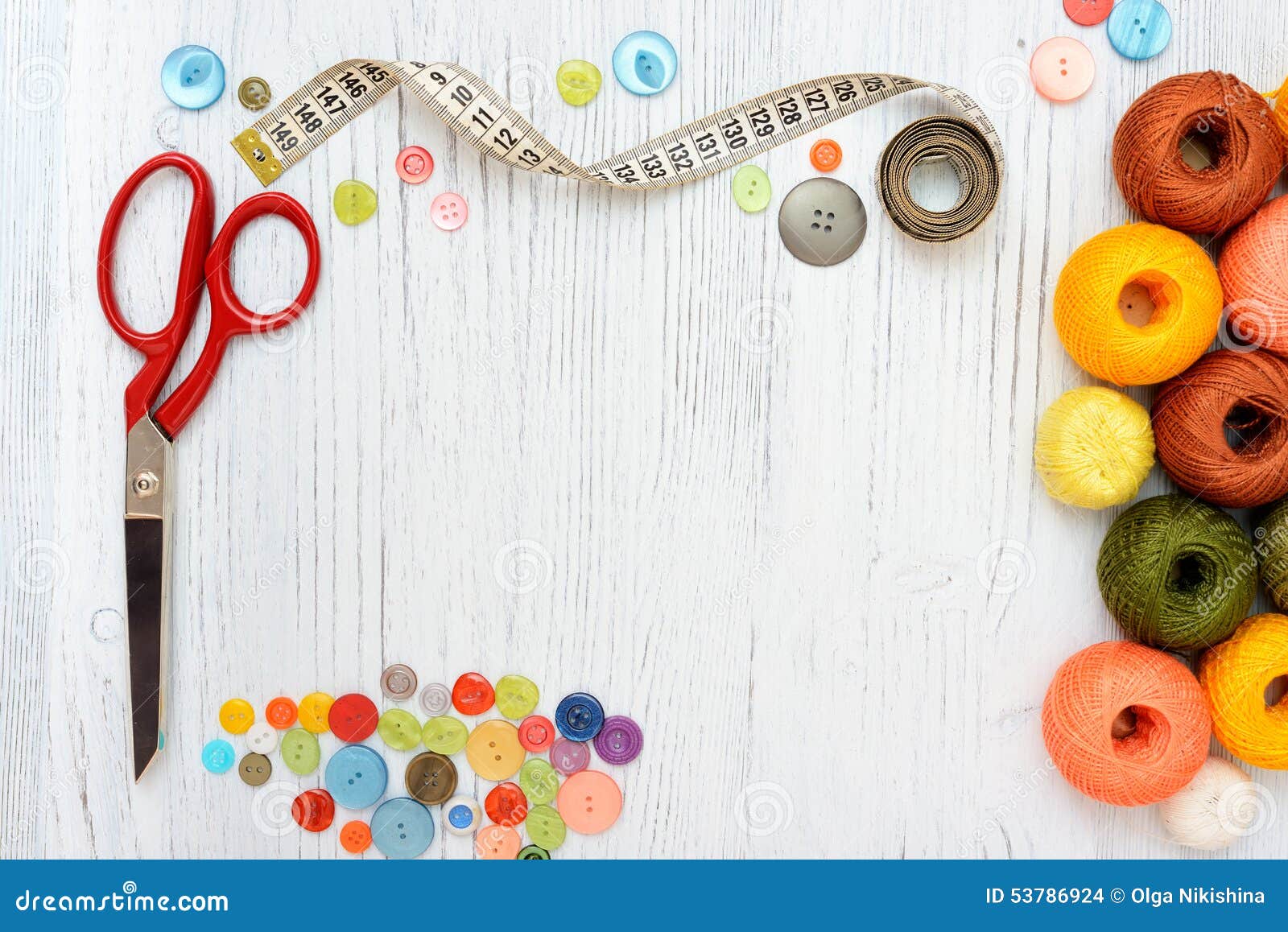 Copyspace Frame with Sewing Tools and Accesories on White Wooden ...