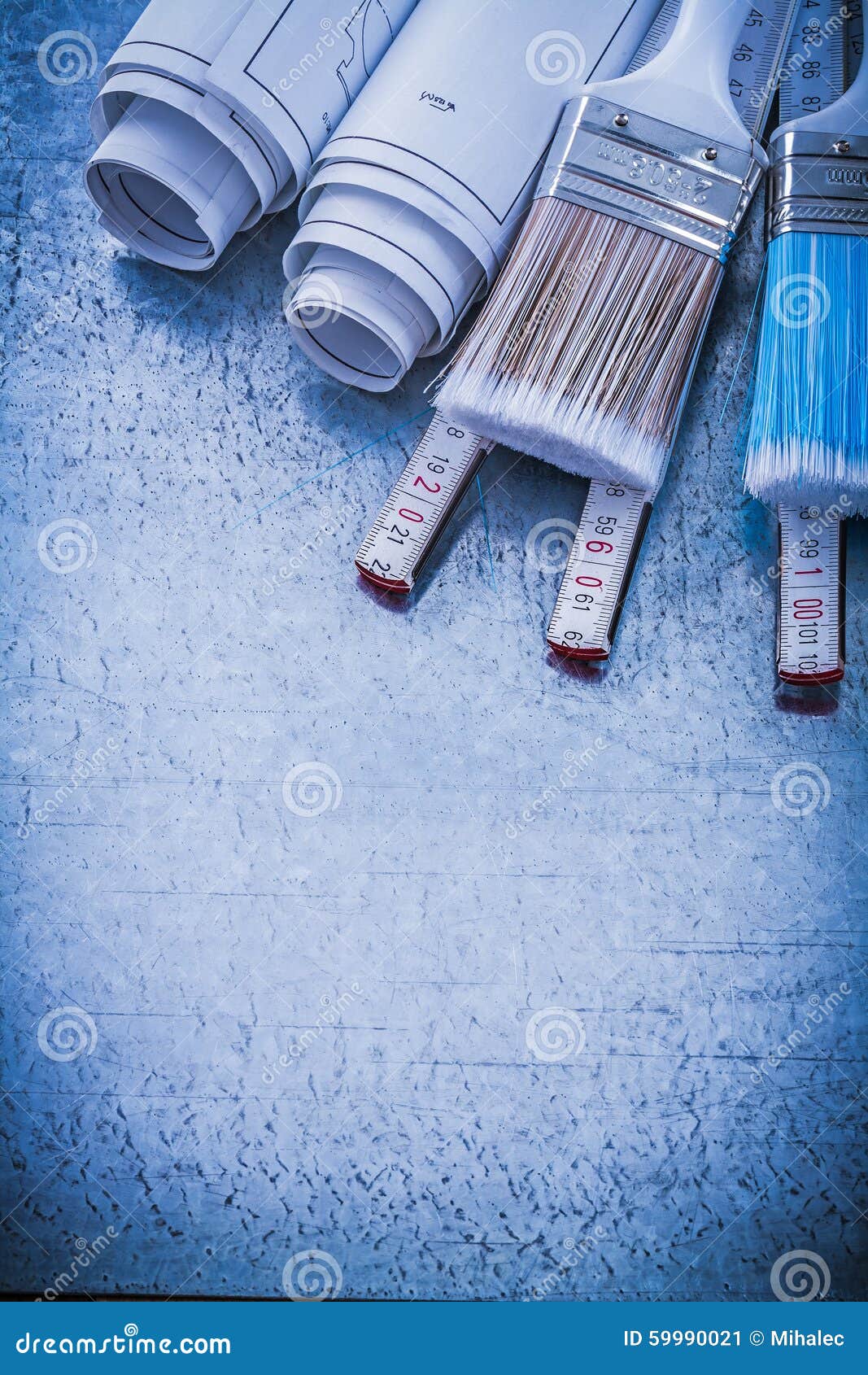 Copyspace of Paint Brushes Construction Drawings Wooden Meter Stock ...