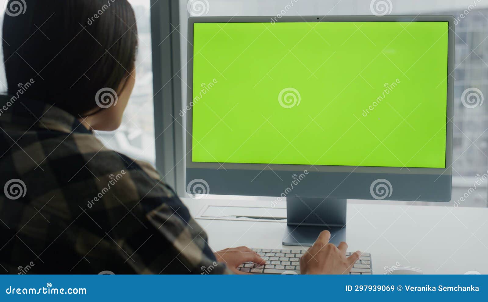 Copywriter Texting Mockup Keyboard Big Windows Room. Woman Coding ...