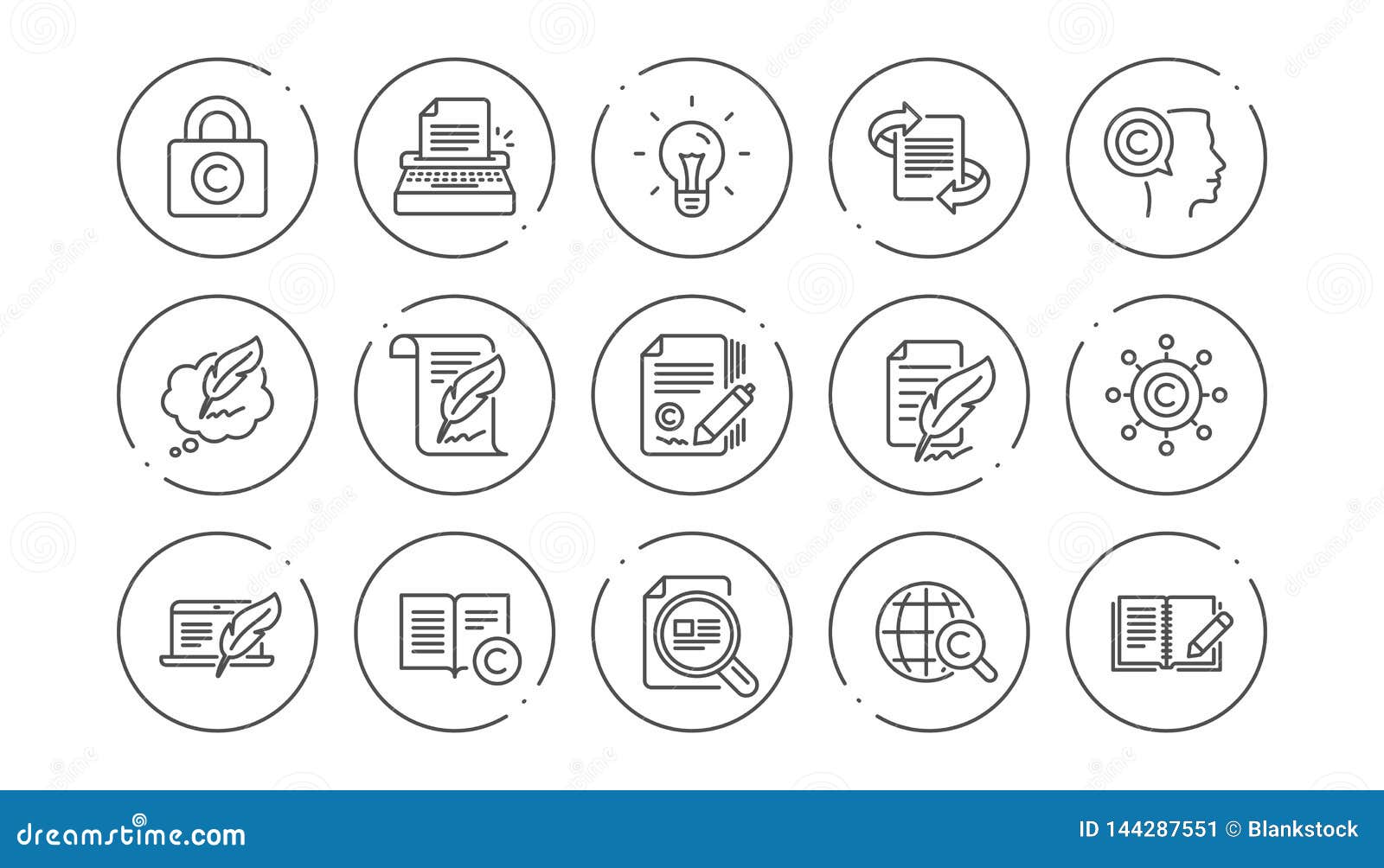 Copywriting Line Icons. Copyright, Typewriter and Feedback. Linear Icon ...