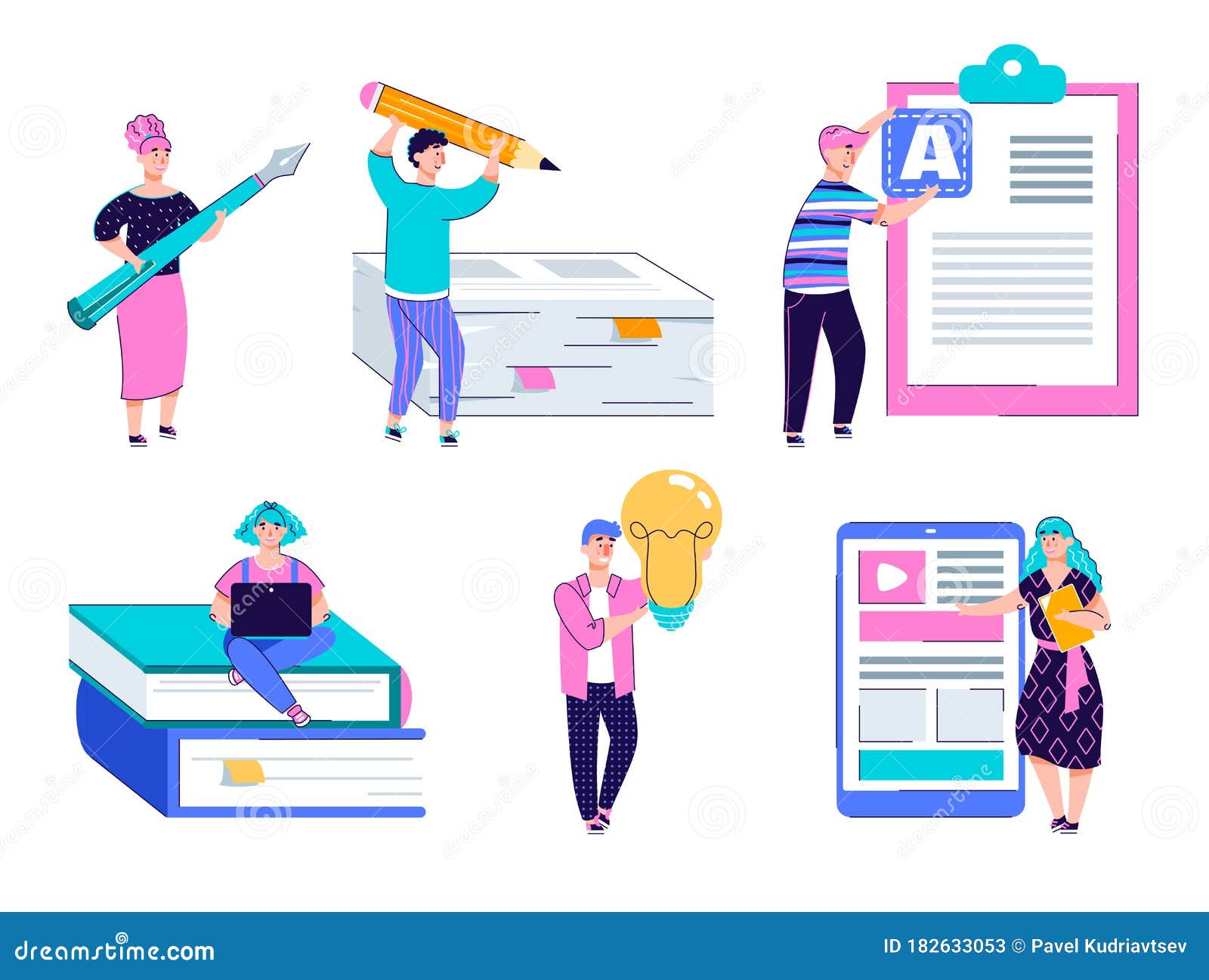 Copywriting Set with People Write Articles, Cartoon Vector Illustration ...