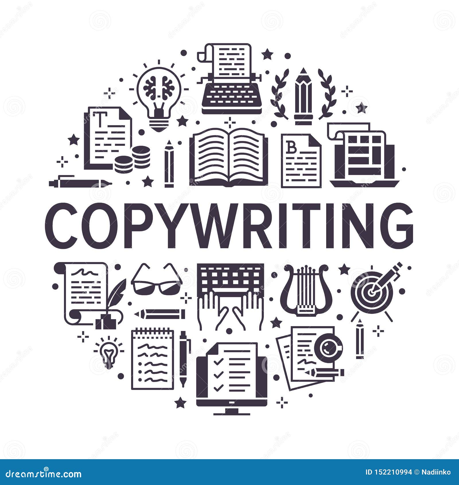 Copywriting Vector Circle Banner Flat Line Icons. Writer Typing Text ...