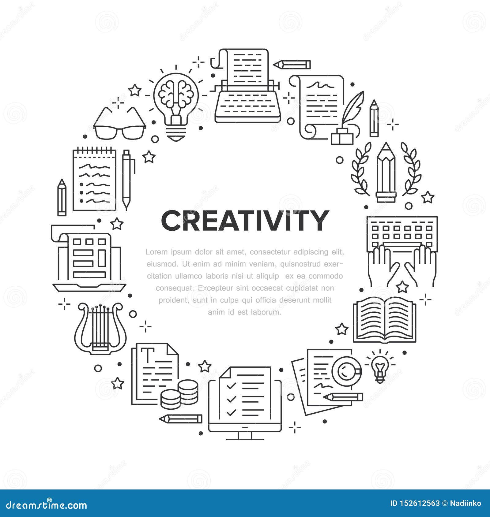 Copywriting Vector Circle Banner Flat Line Icons. Writer Typing Text ...