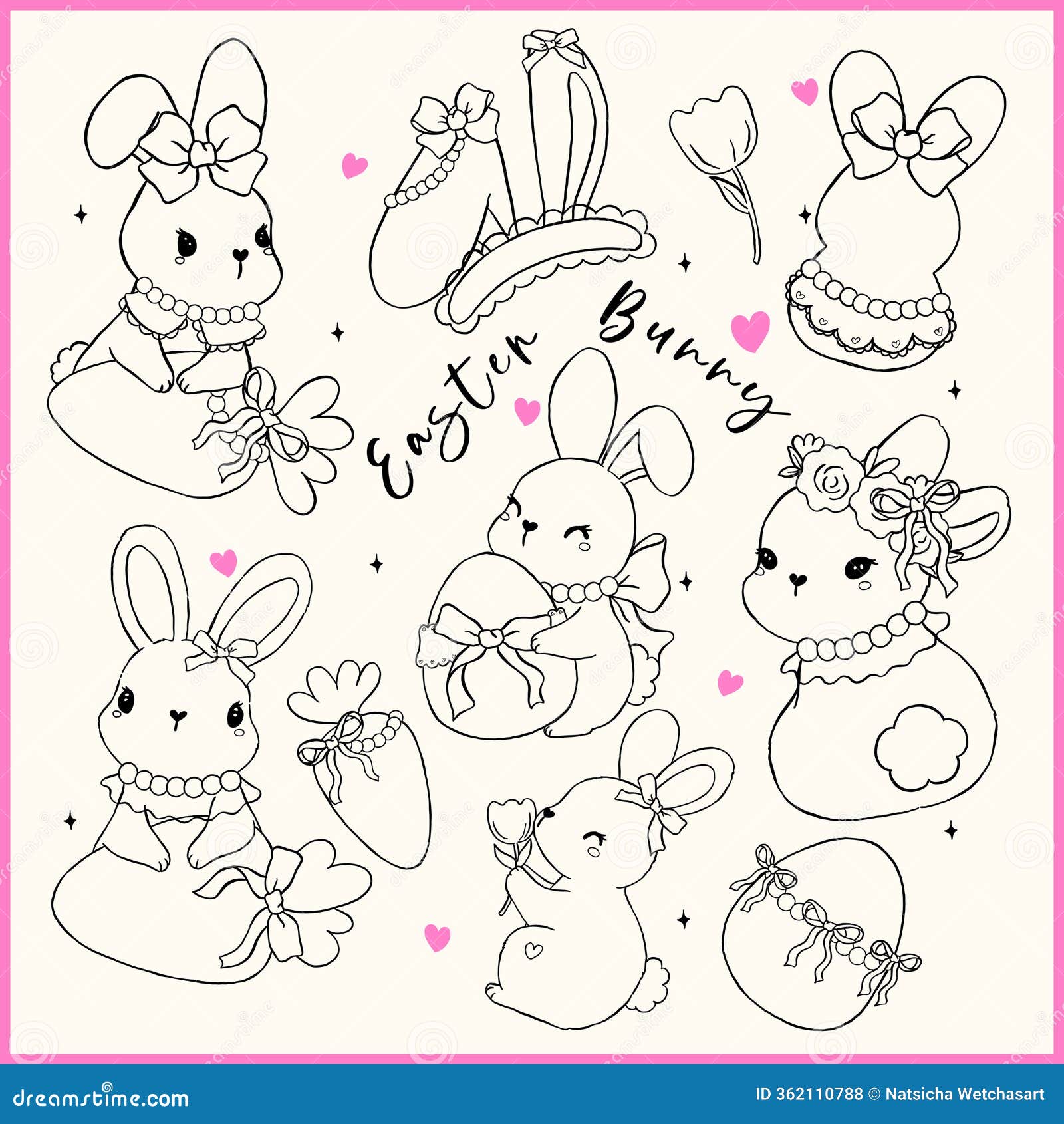 Coquette Easter Bunny with Bow and Egg, Whimsical Cartoon Hand Drawn ...