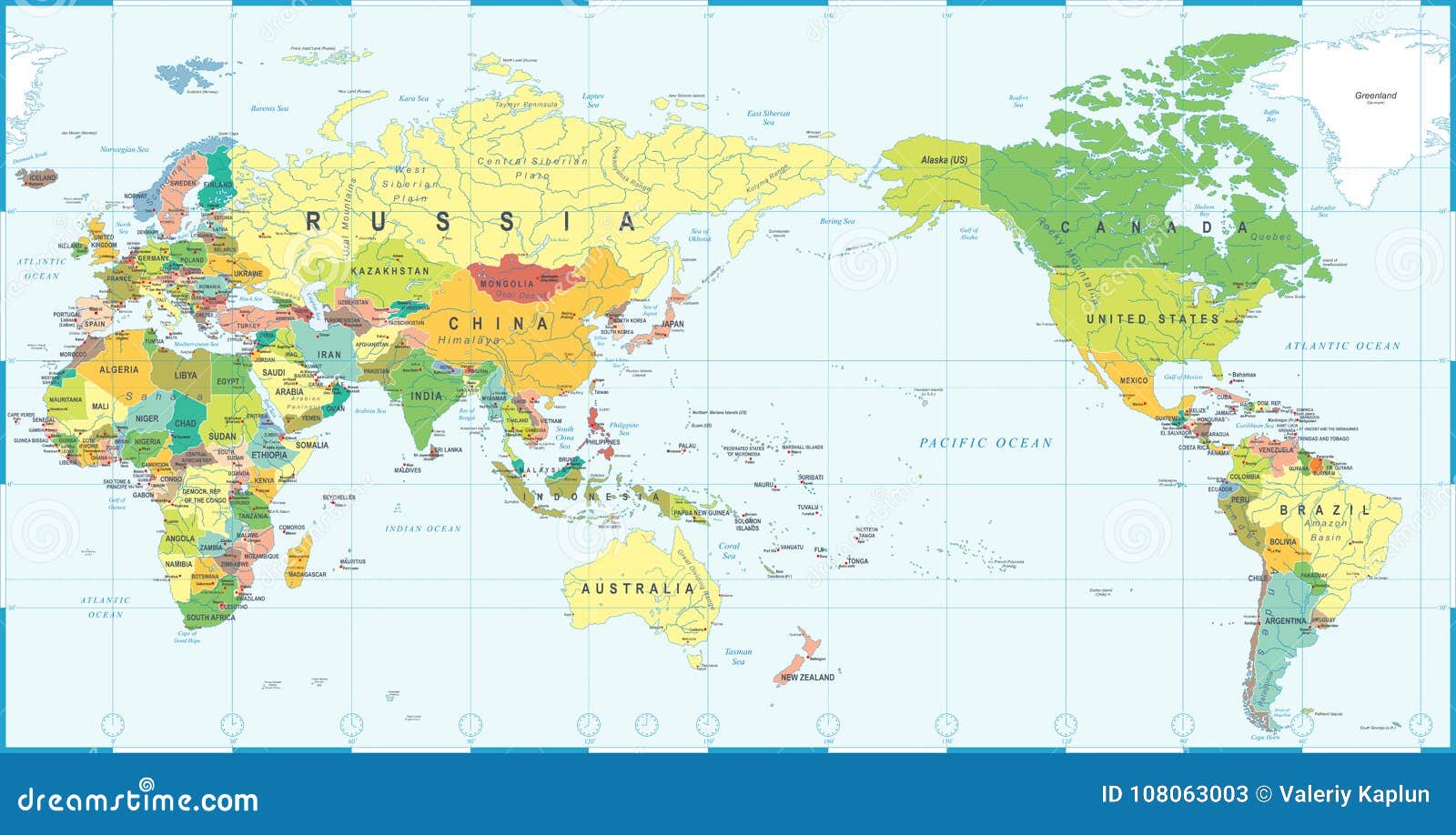 Cor Do Mapa Do Mundo - Ásia No Centro Ilustração Stock - Ilustração de ...