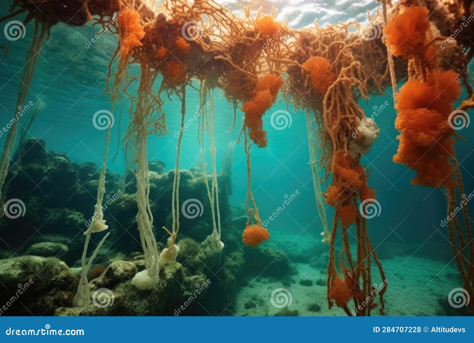 Coral Fragments Attached To Underwater Ropes Stock Photo - Image of ...